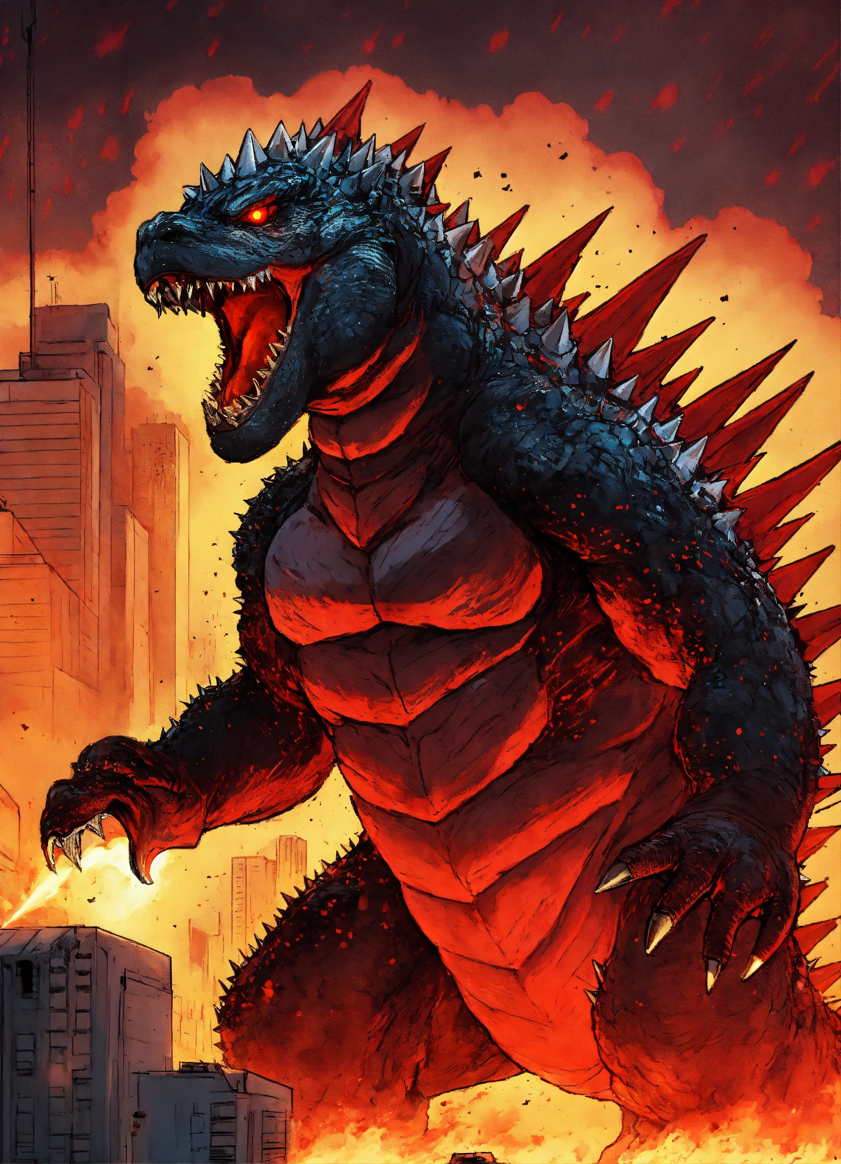 Lexica - Godzilla in comic style but is red with lots of spikes ...