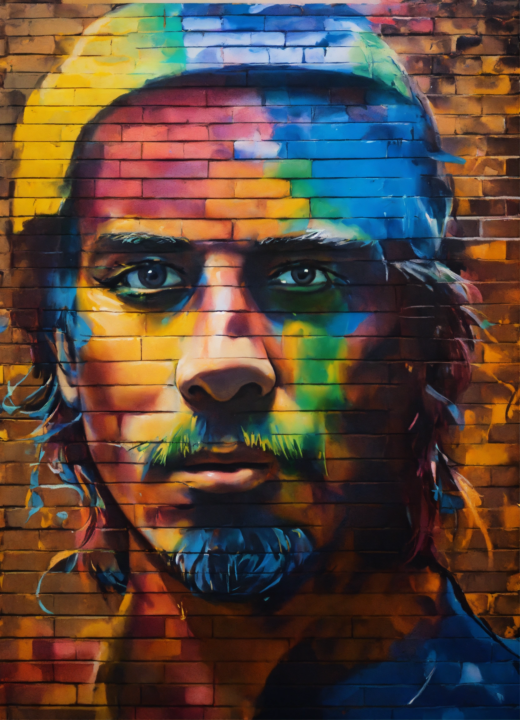 Lexica - Imagine a man painted on a brick wall. This man is in several ...