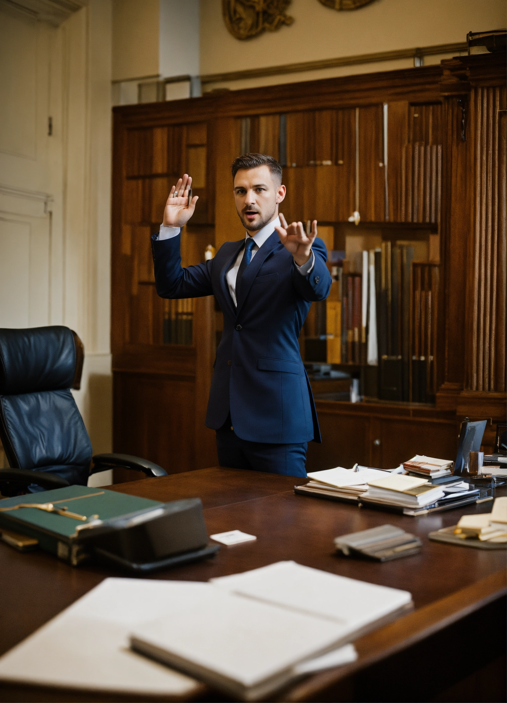 Lexica - Shoulder level shot, glasgow office, male figure standing at ...