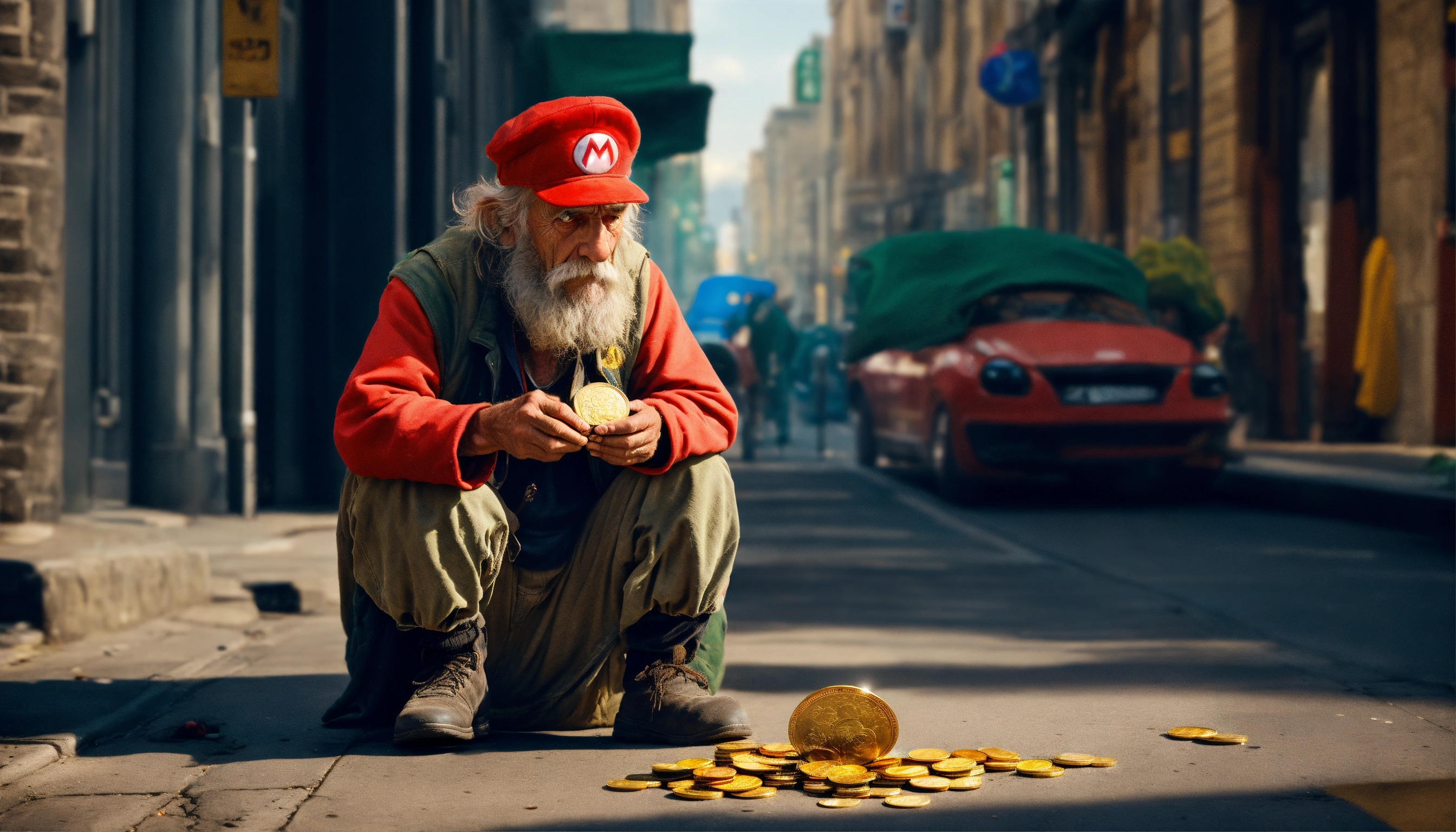 Lexica - An old, homeless man looking like Super Mario sitting on the ...