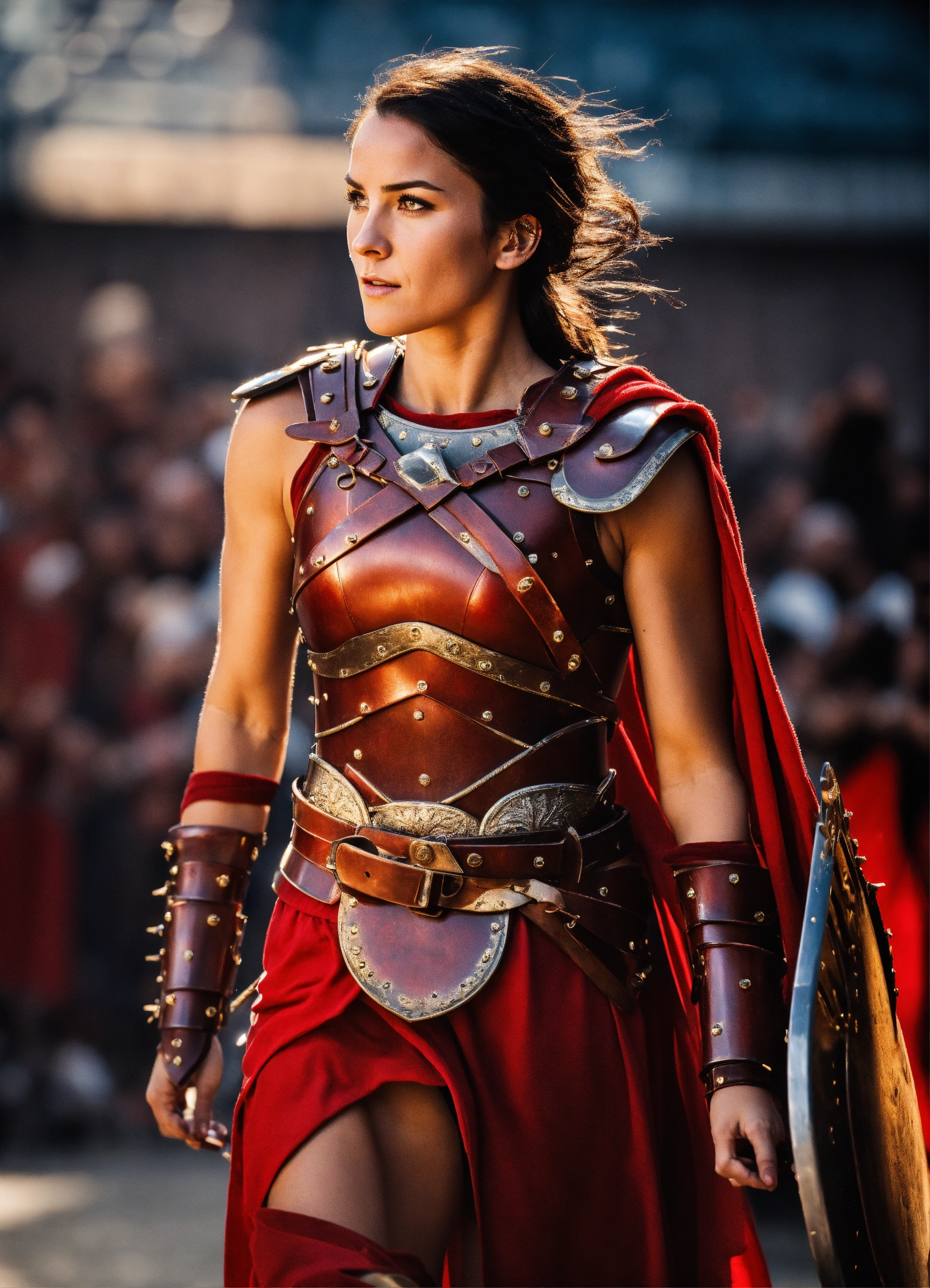 Lexica - Female athletic gladiator entering arena wearing red gladiator ...