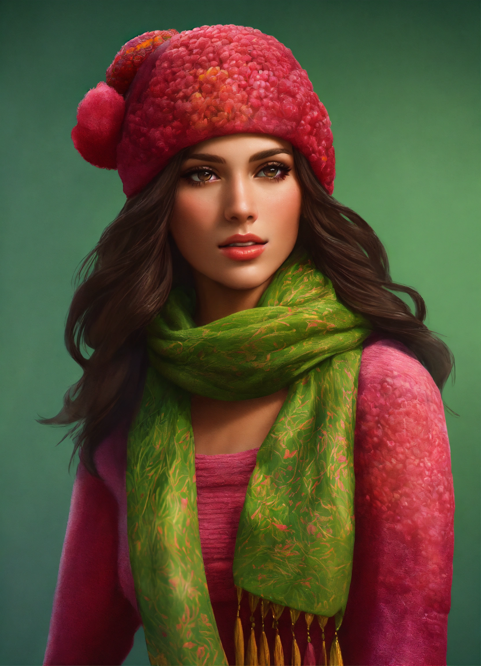 Lexica - Full body, BRUNE realistic woman, green and raspberry colors ...