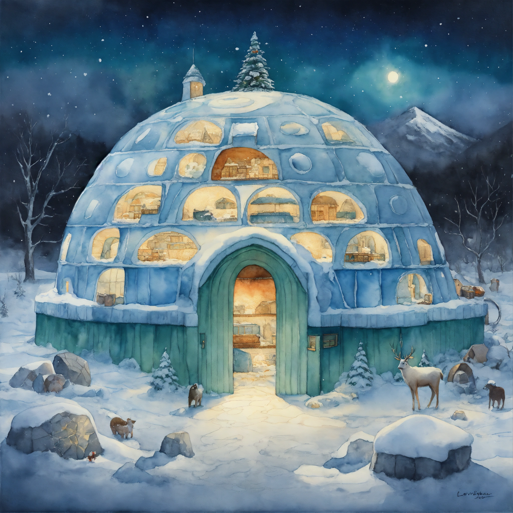 Lexica - A watercolor painting depicting an intricately detailed igloo ...