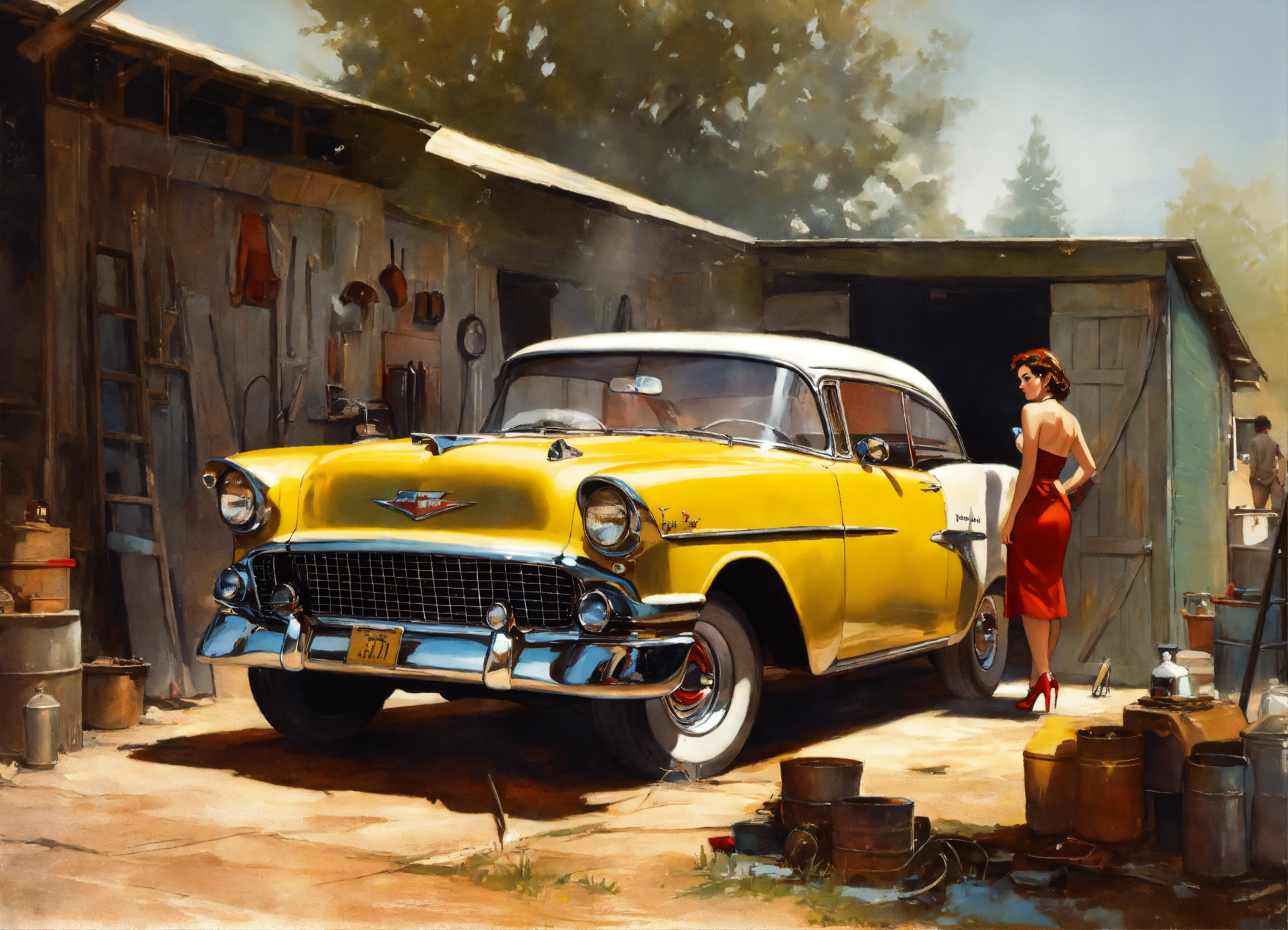 Lexica - Shed scene, vintage atmosphere, with a chevrolet 1955 ...
