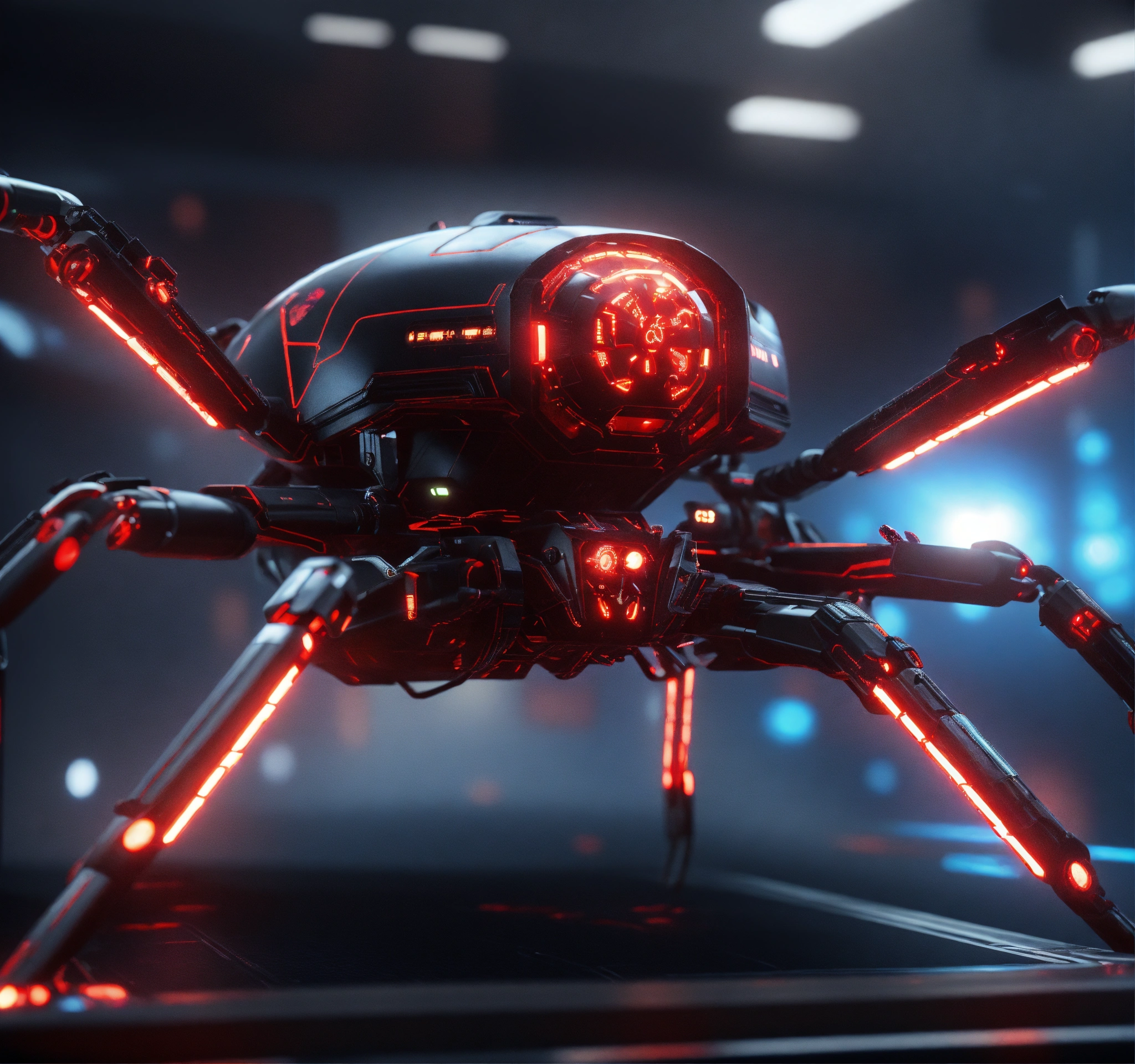 Lexica - Zoom out on a extra long black robotic black widow spider ...