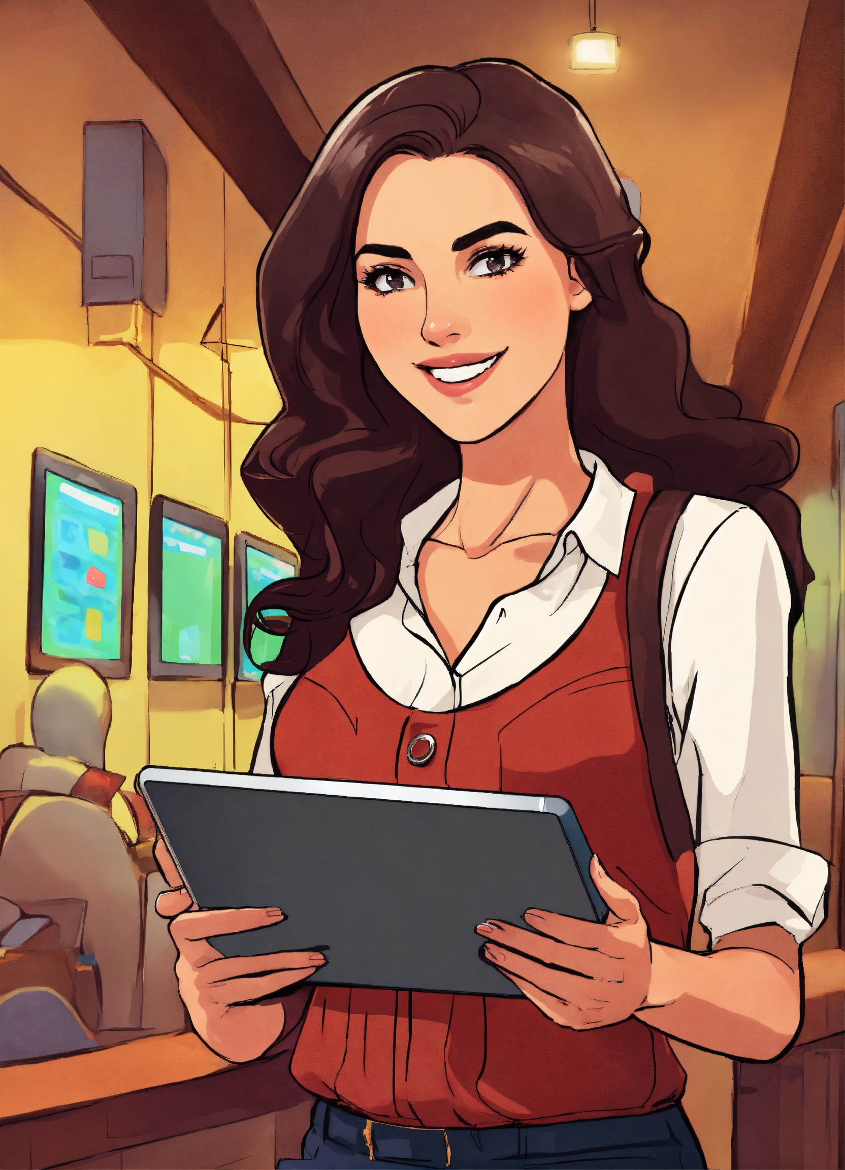 Lexica - A cartoonish brunette woman with a tablet in his hands to be used as a mascot