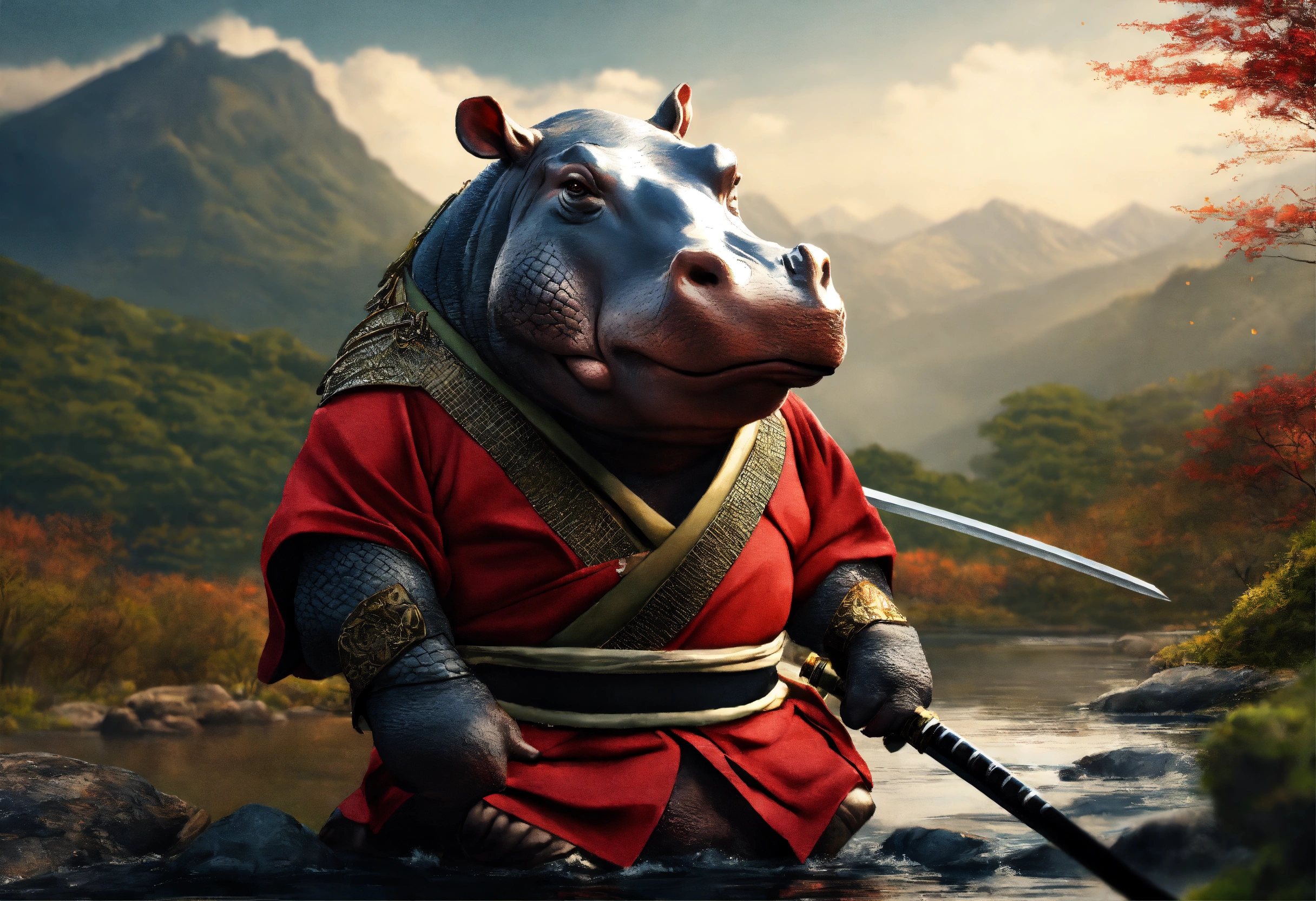 Lexica - Hippo samurai. Mountains. Hyper realistic.