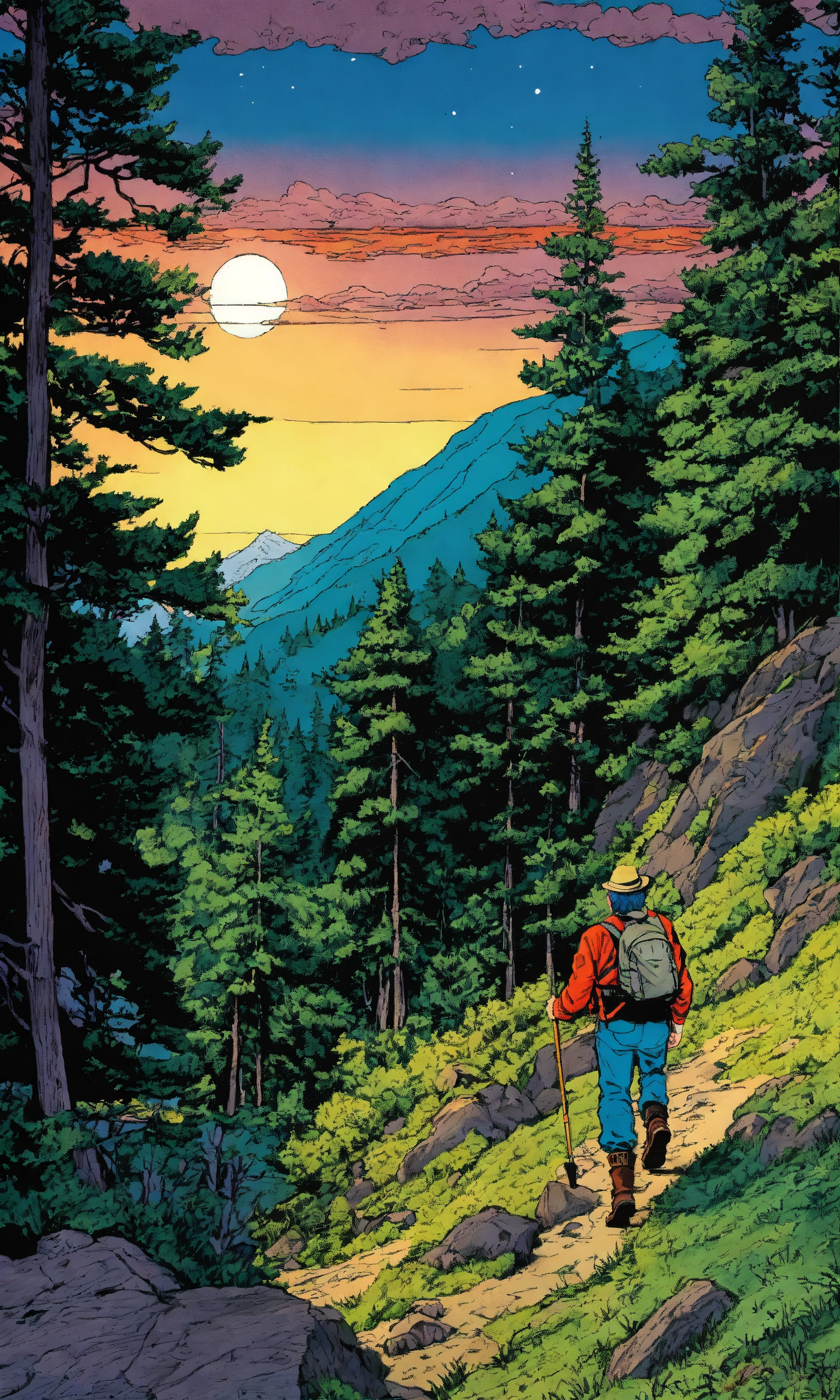 Lexica - Detailed pen and ink illustration of a man hiking in the ...