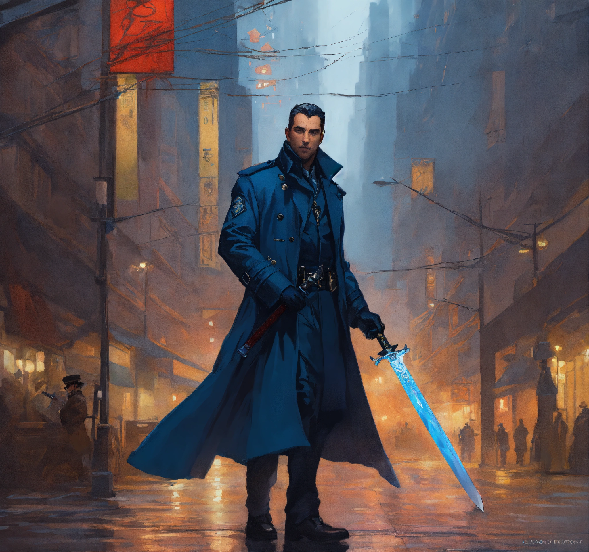 Lexica - Male cop wearing a light navy trench coat with a sword, dark ...