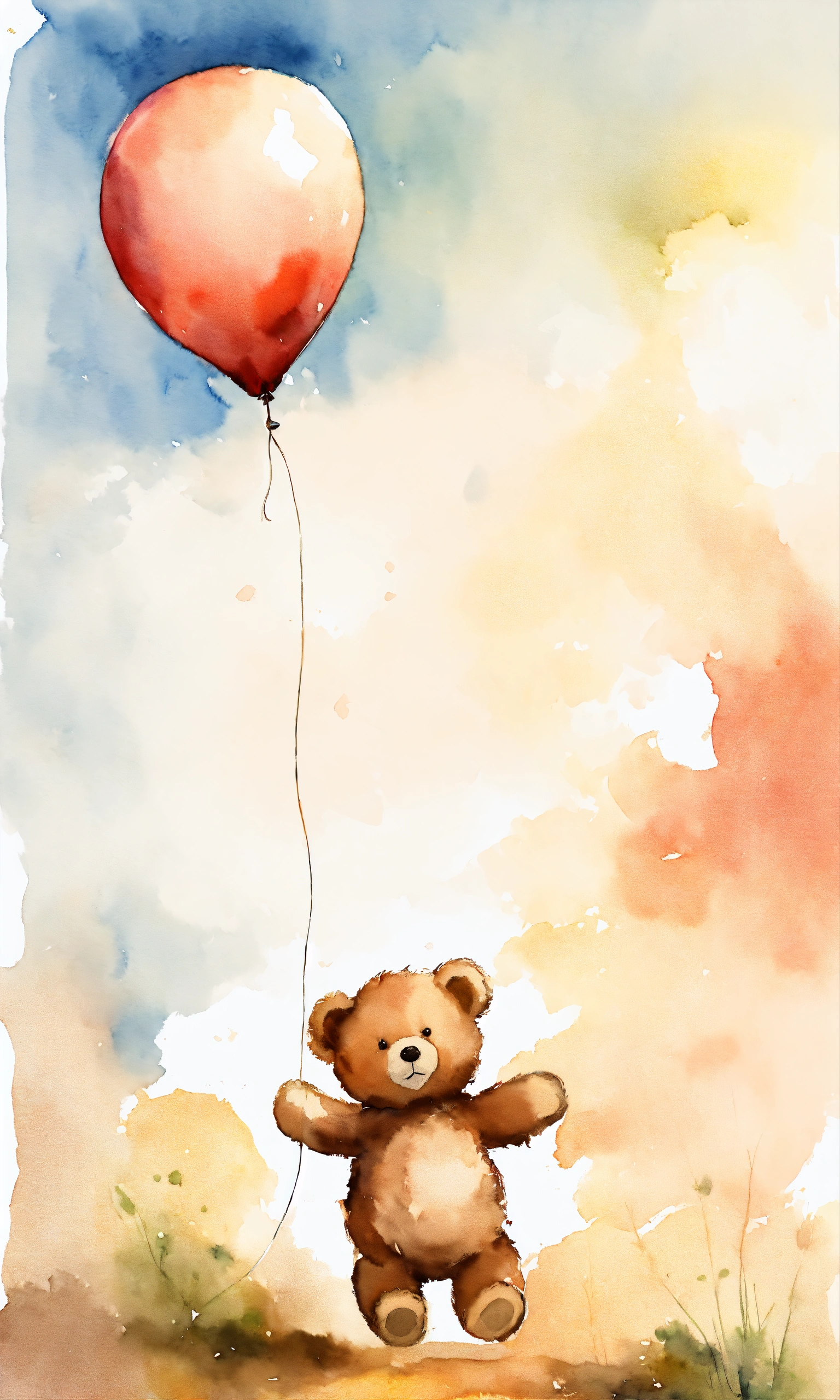 Lexica - Litlle teddy bear catching balloon, watercolor style