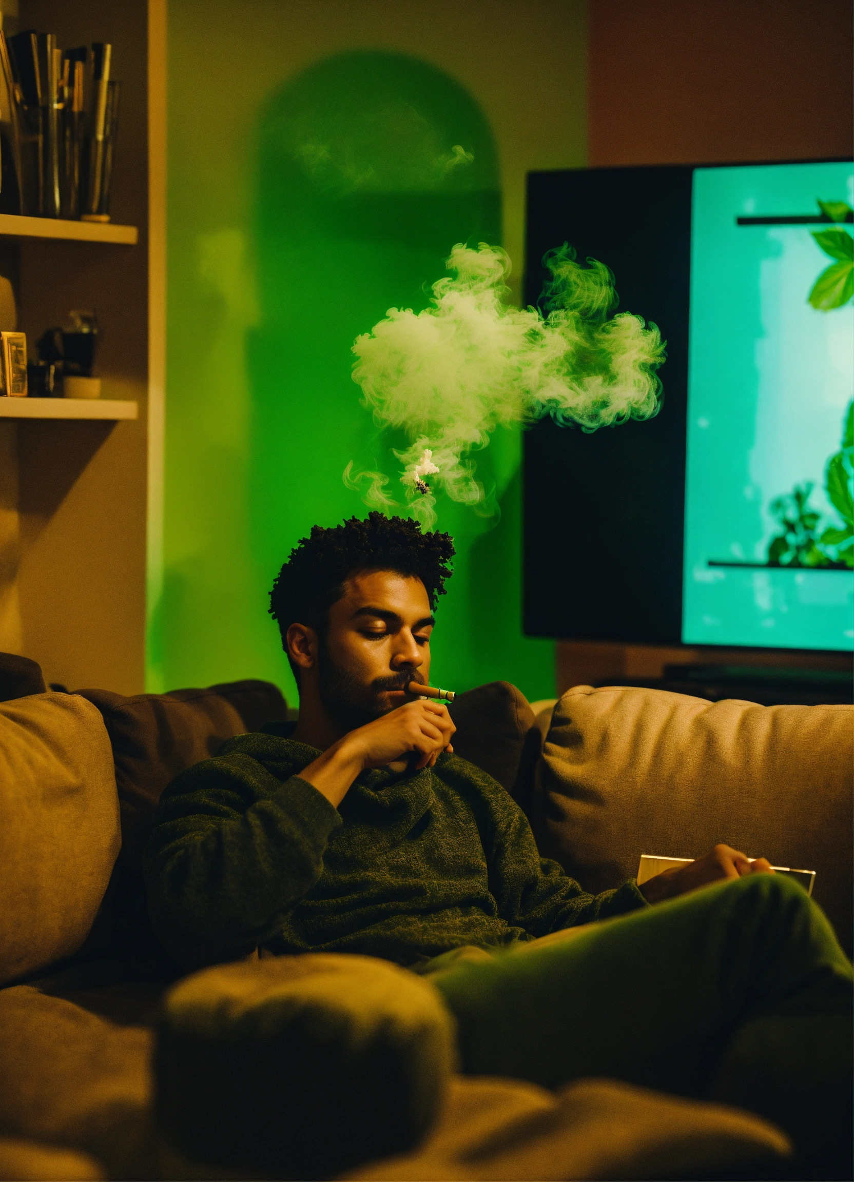 Lexica - Man sitting on the couch smoking weed watching tv