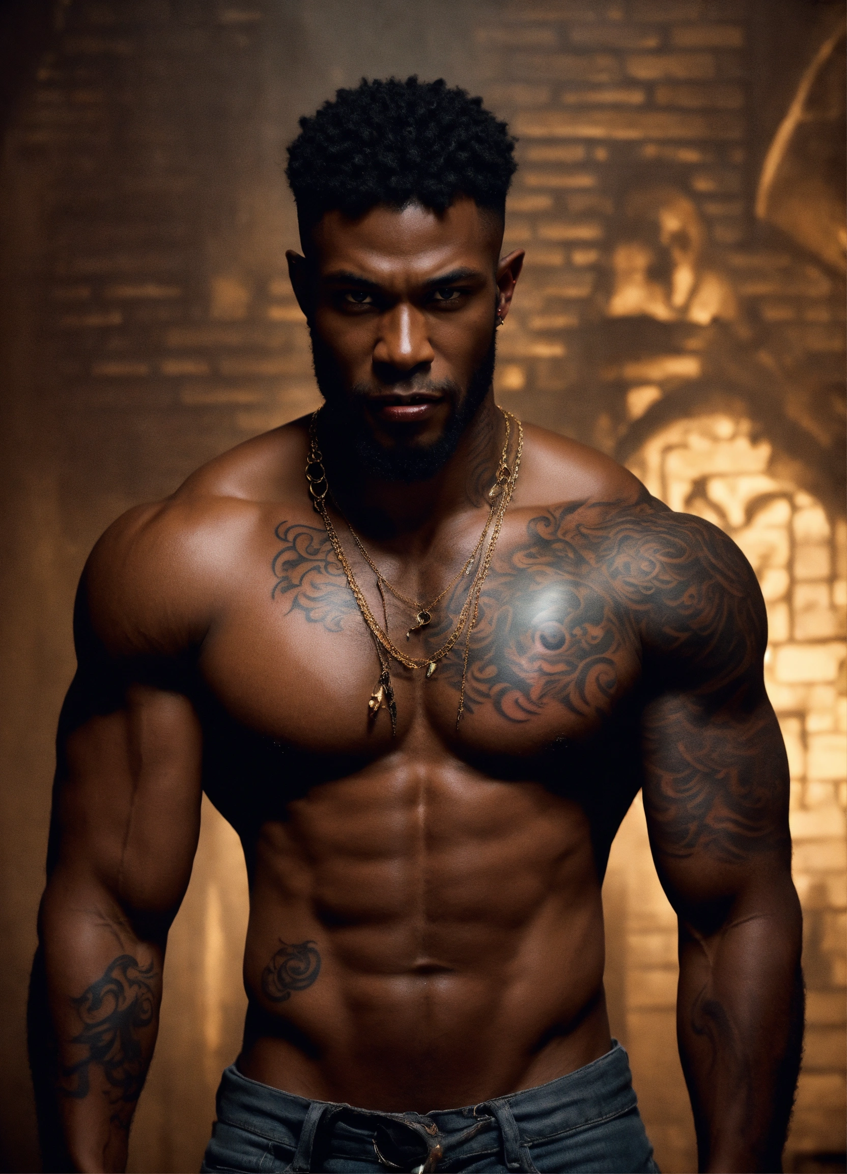 Lexica - Handsome black man, dark skinned, werewolf glowing eyes, fangs ...