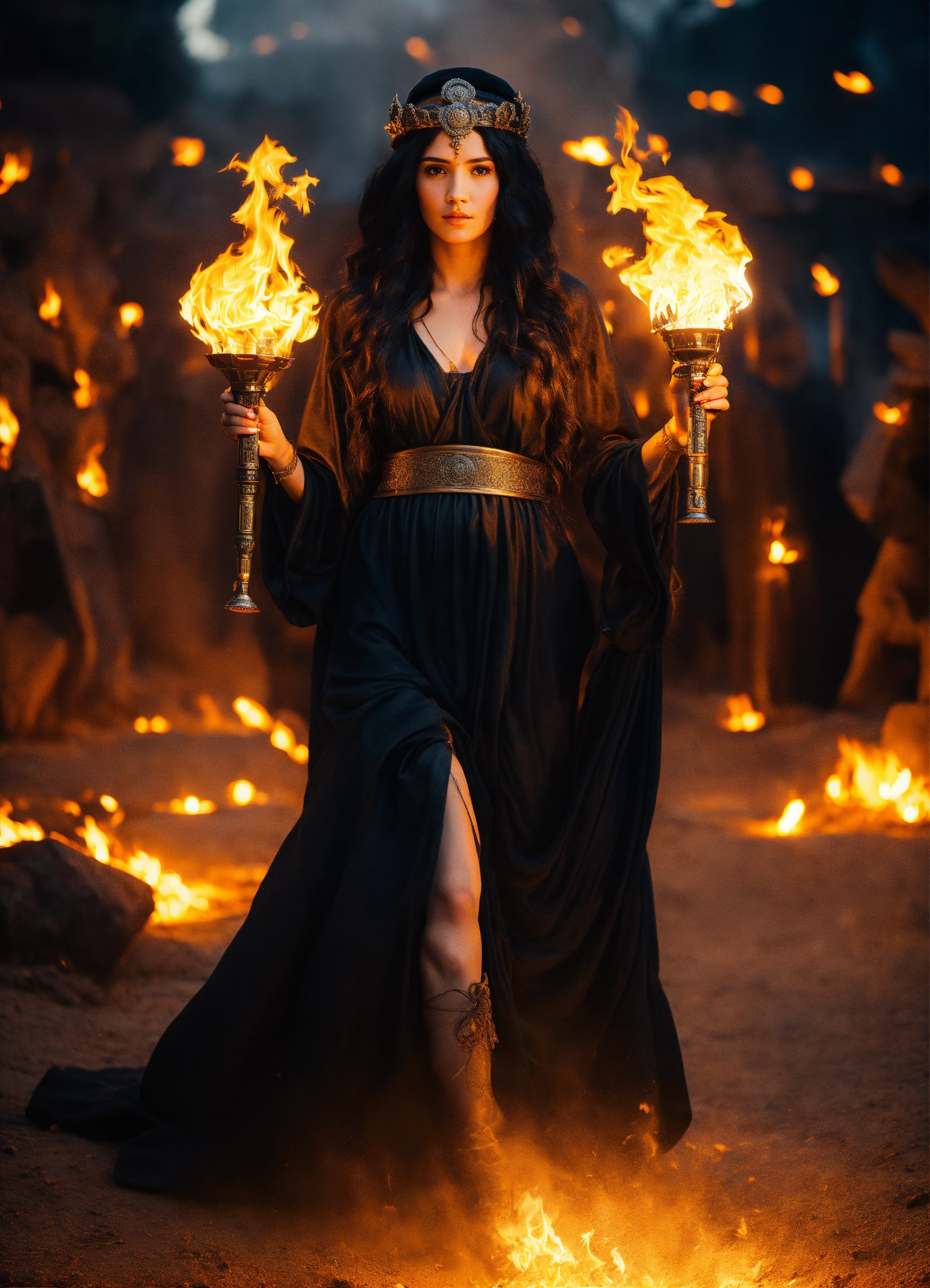 Lexica - Greek goddess Hecate holding a torch, black hair, flowing ...