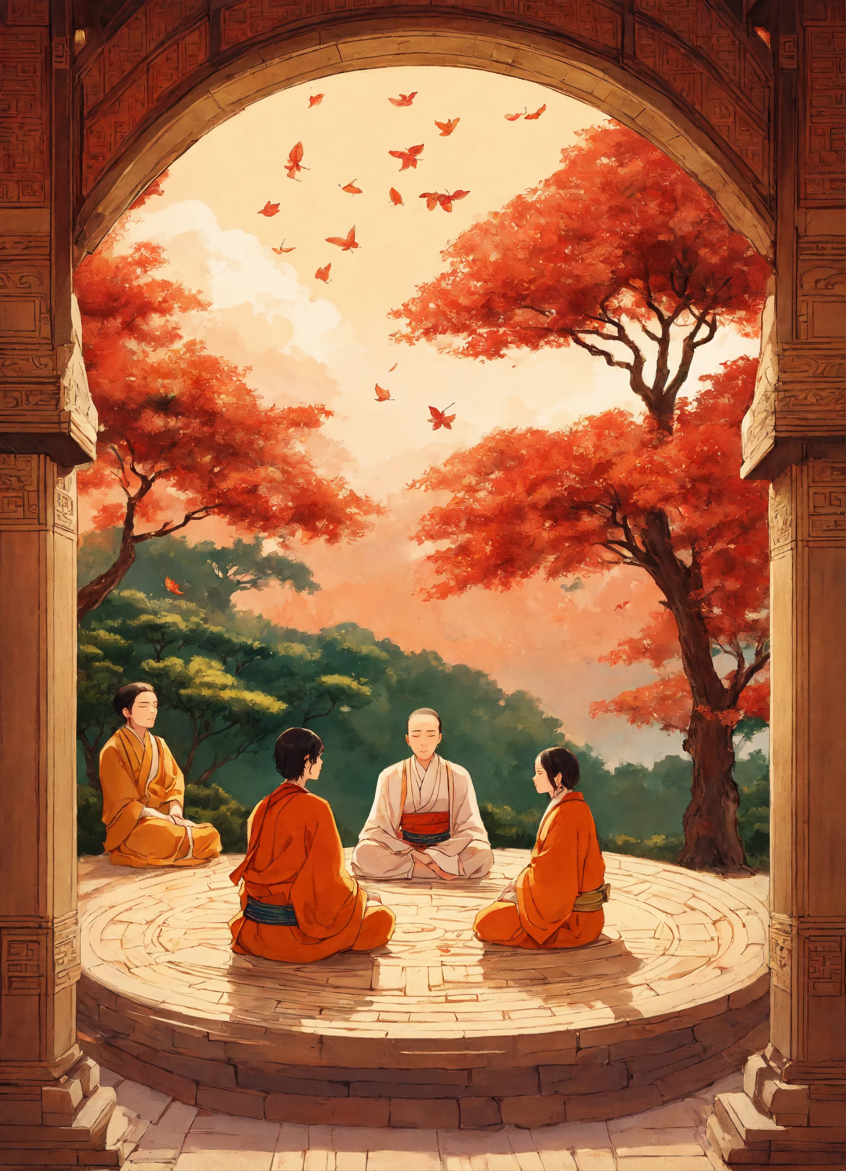 Lexica - A group of disciples, sitting in a circle, outside a temple ...