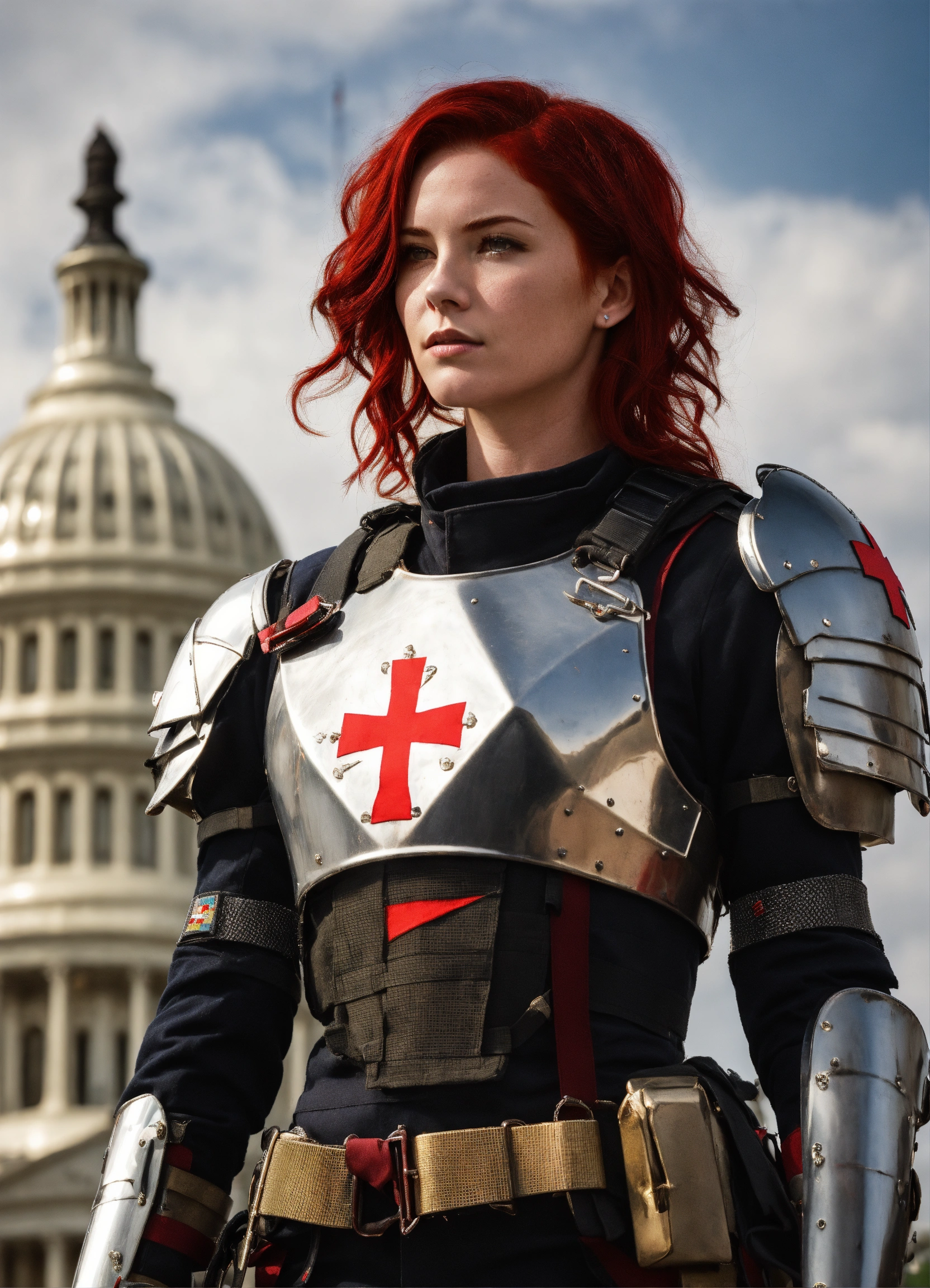Lexica - Female with red hair and wearing metal white military armor ...