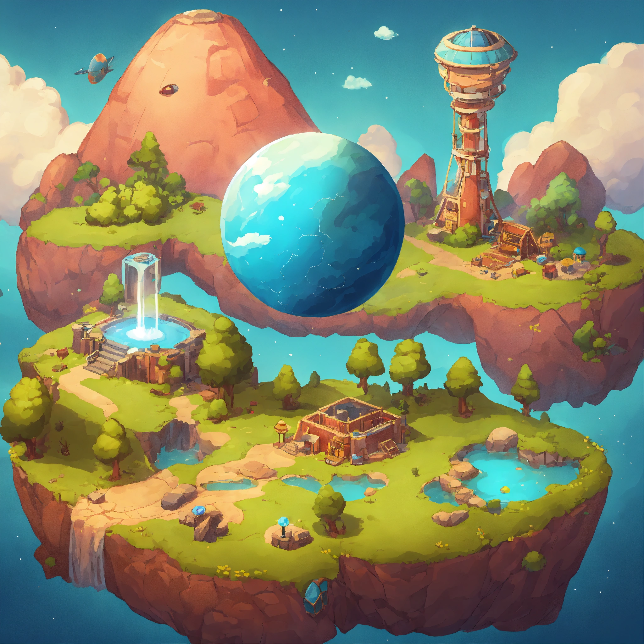 Lexica - Top down cartoon game envirnoment, sky , planet in the middle
