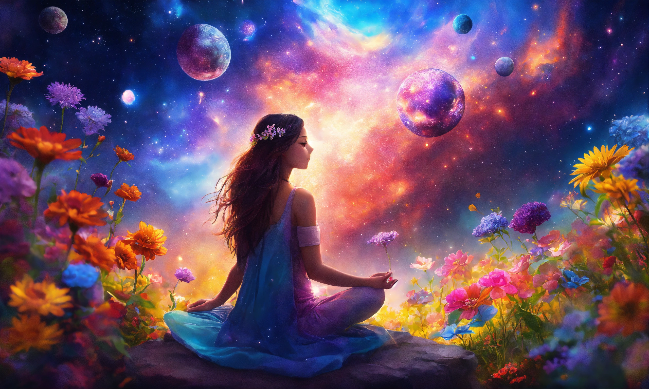 Lexica - A beautiful girl sitting in Meditation with vibrant flowers ...
