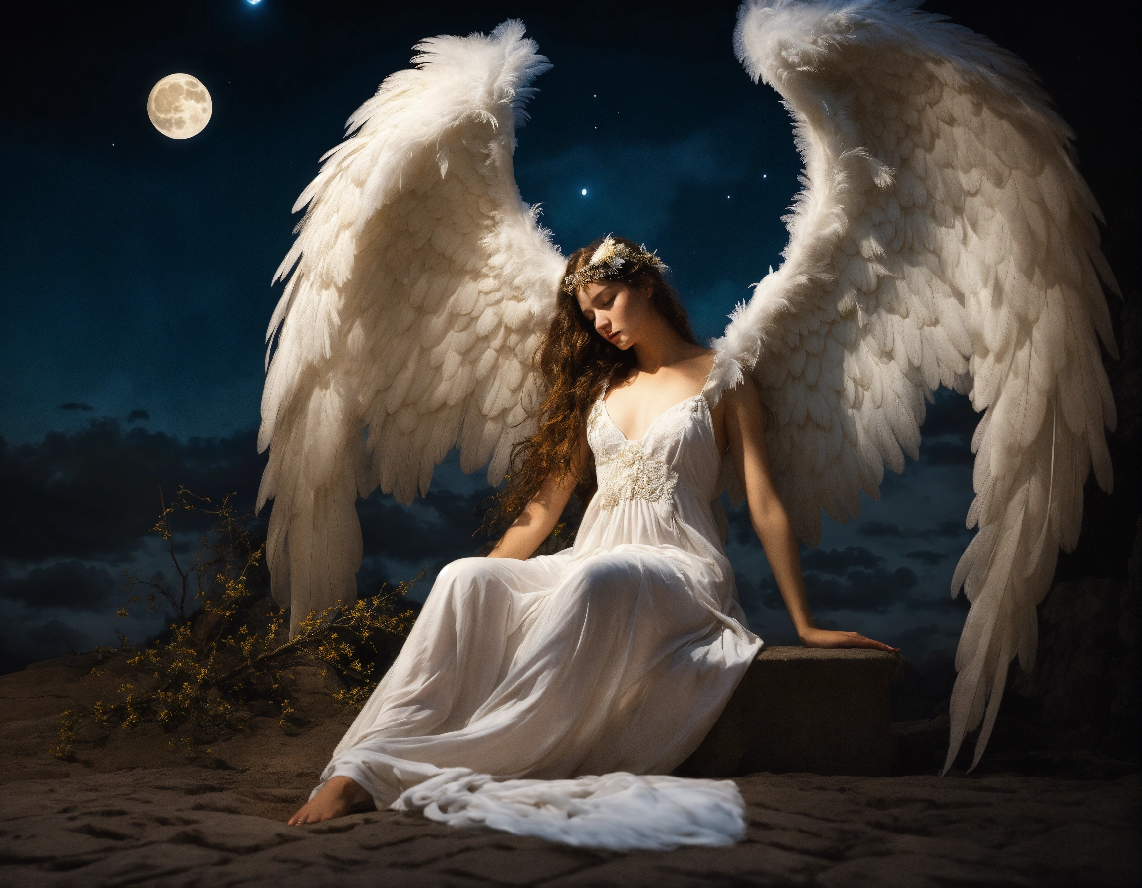 Lexica - Tempted fallen angel with feathered wings in Heaven ...
