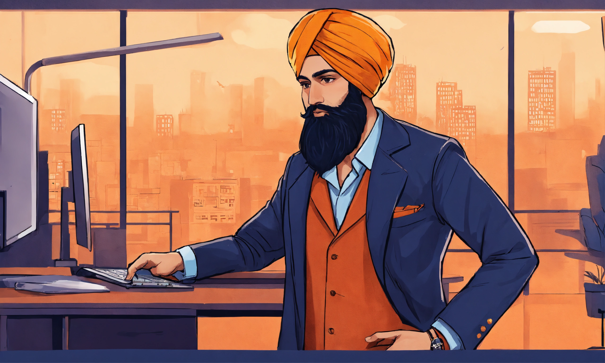 Lexica - A punjabi man with long beard with orange turban waring navy ...