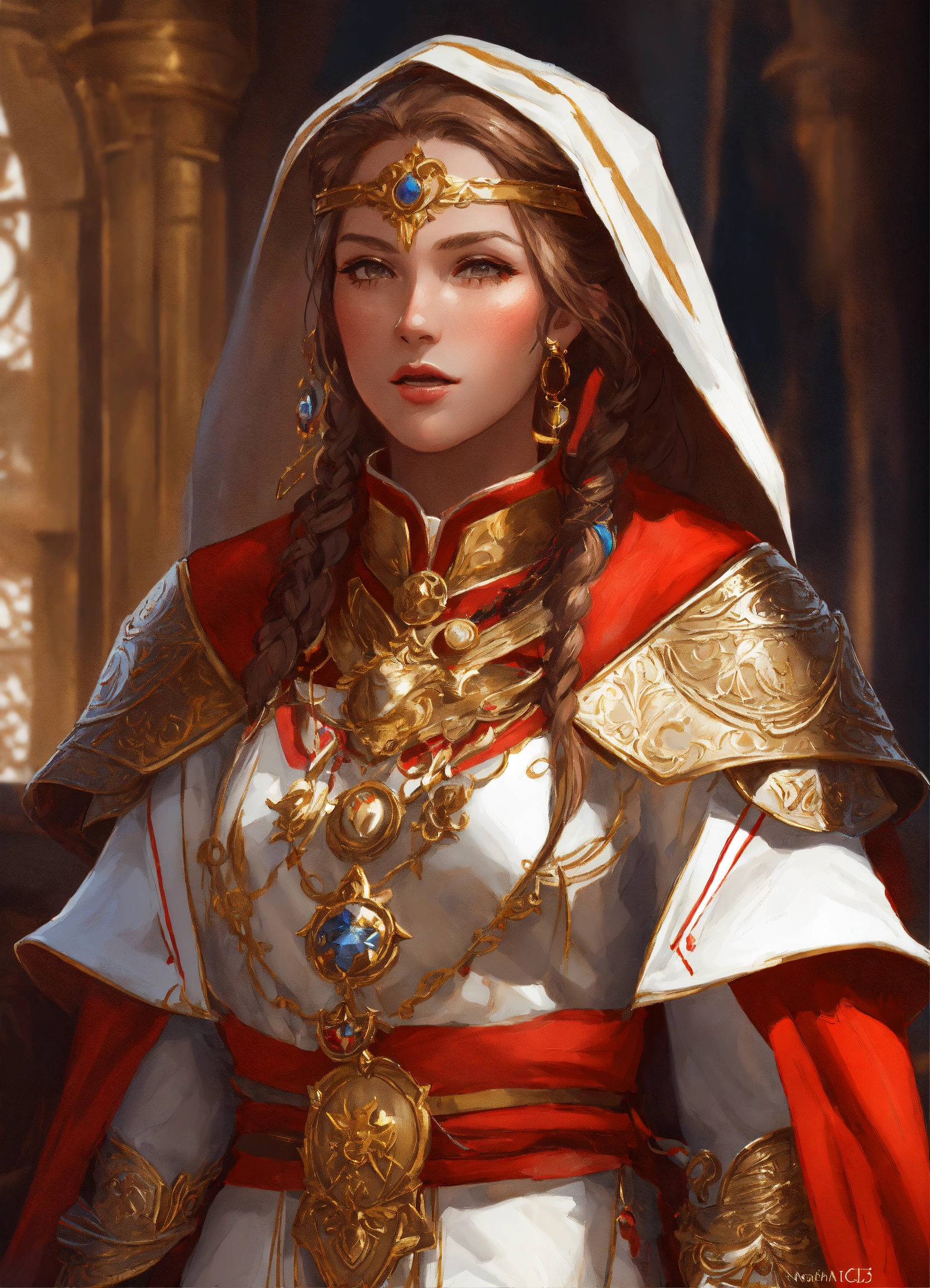Lexica - Praios female cleric, red and white clothes, gold details ...