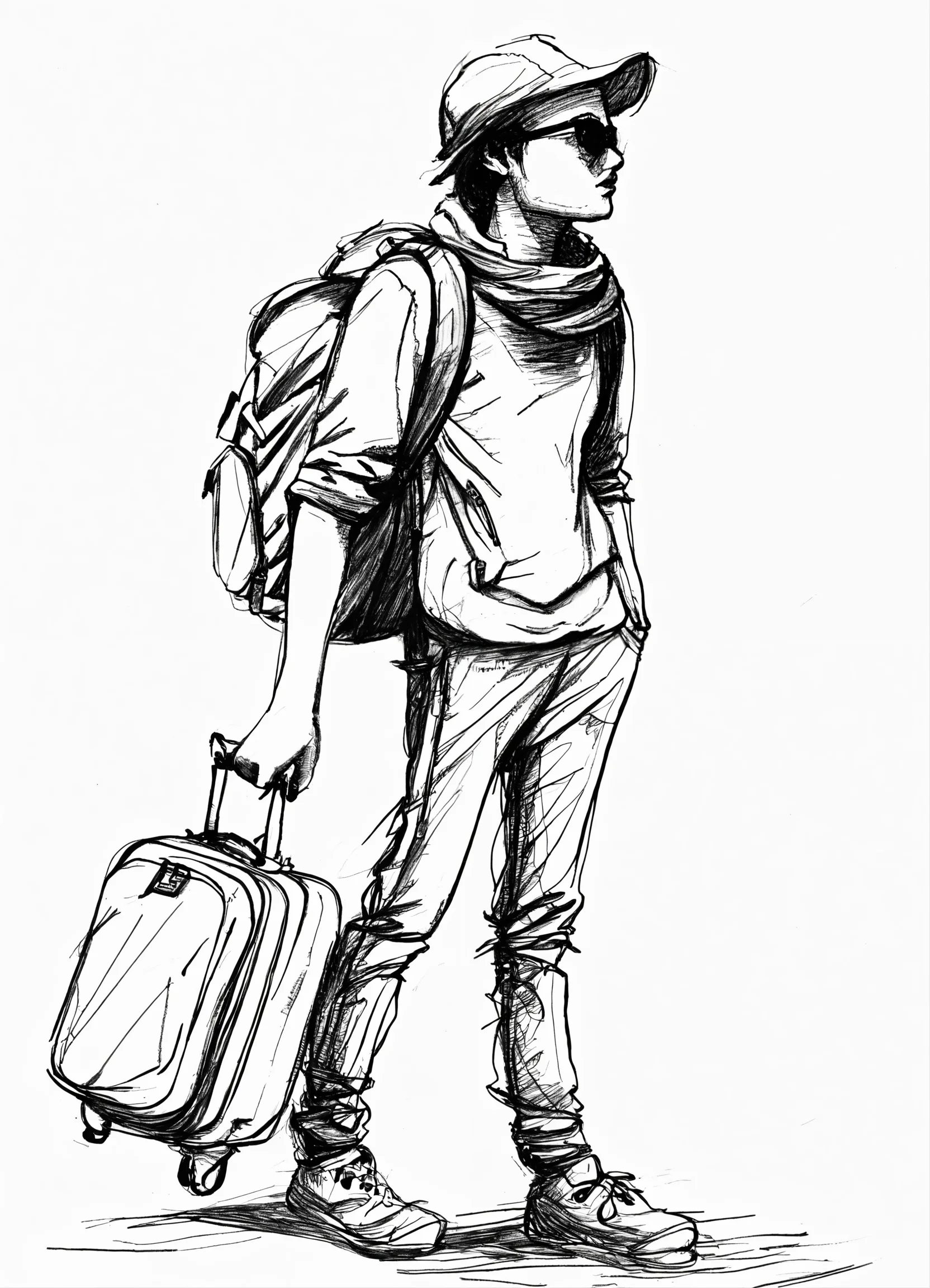 Lexica - Handdrawn simple but realistic style sketch of a traveller