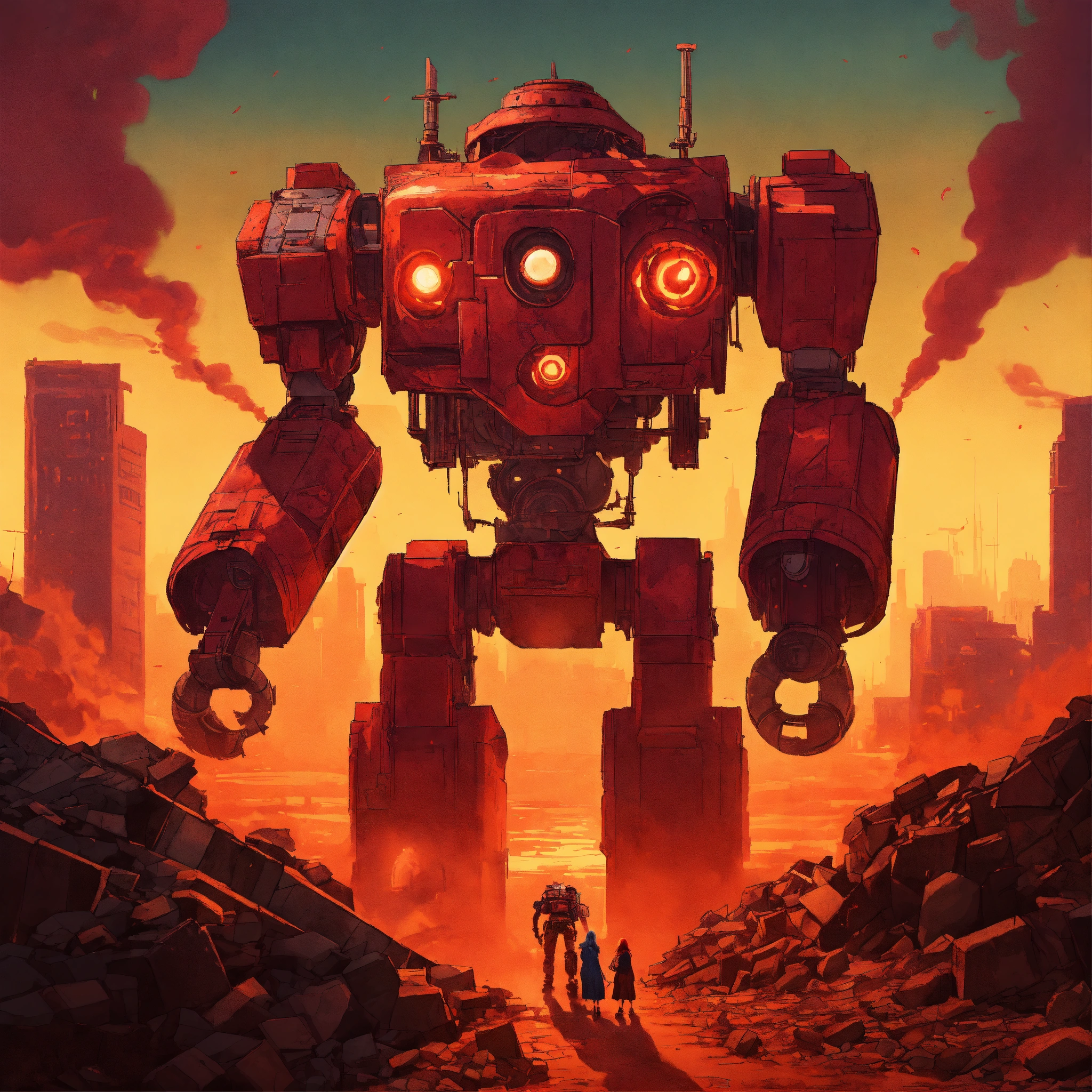 Lexica - Depict a cartoon-style landscape where two colossal robots ...