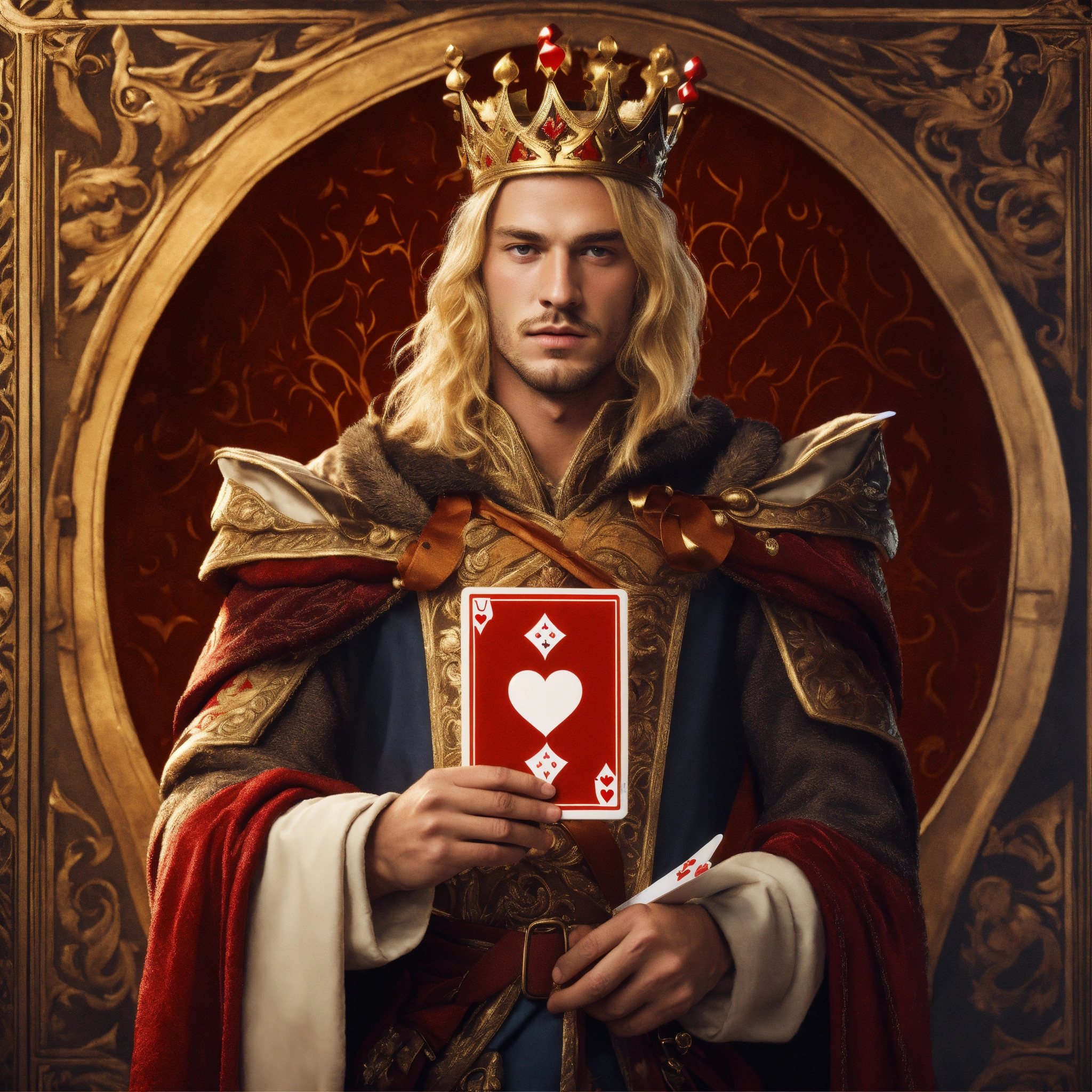 Lexica - Medieval fantasy blonde king with a fancy robe holding a deck ...