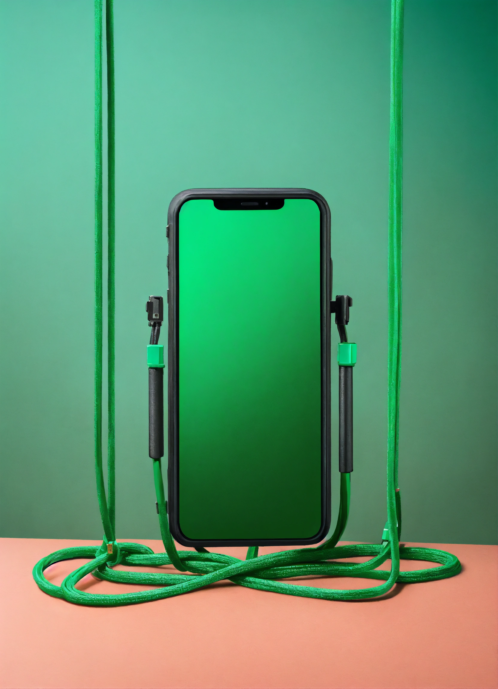 Lexica - Three suspended green bungee cords in knot holding phone ...