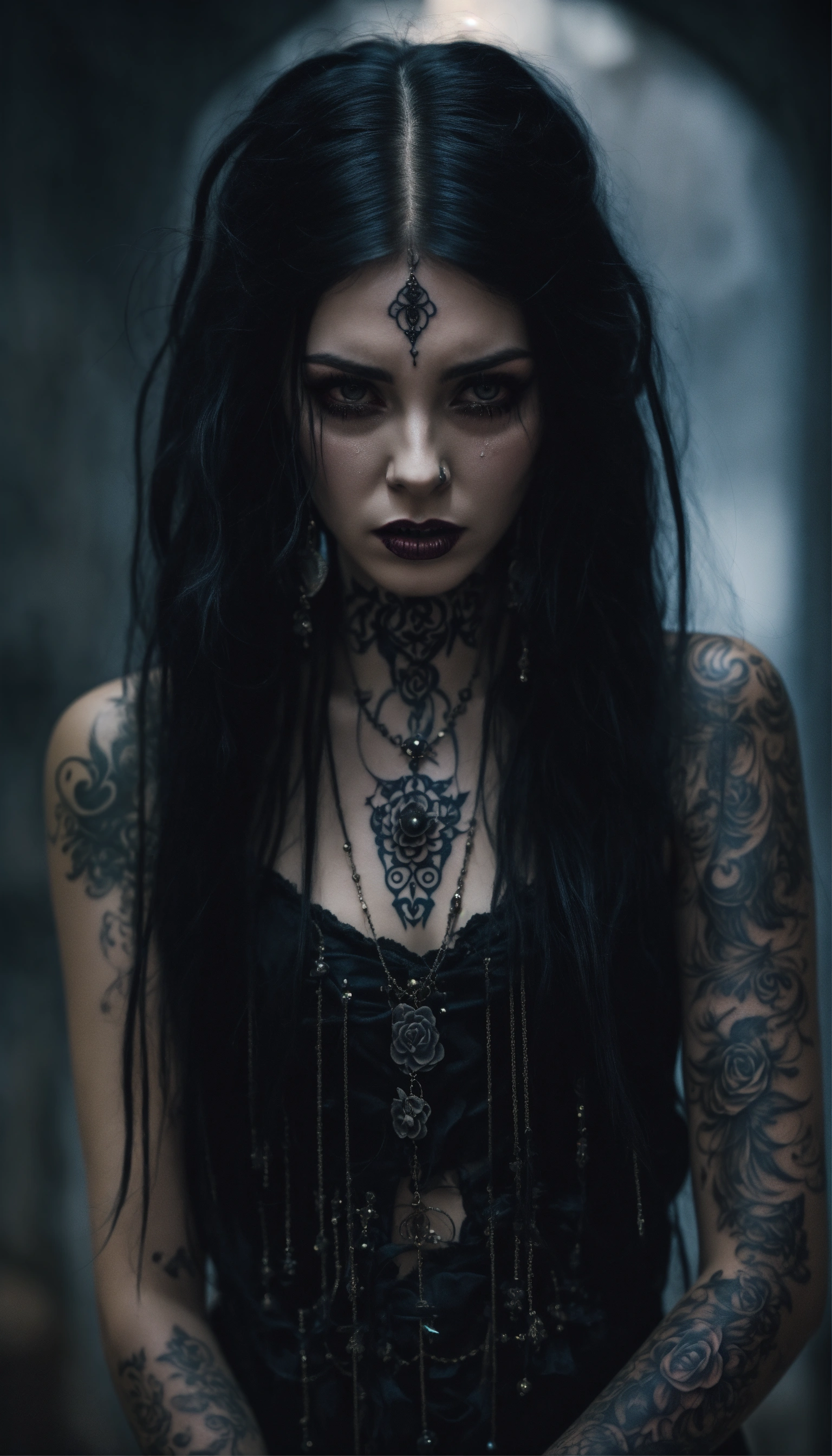 Lexica - A scary girl, full body, pale skin, long crazy black hair ...