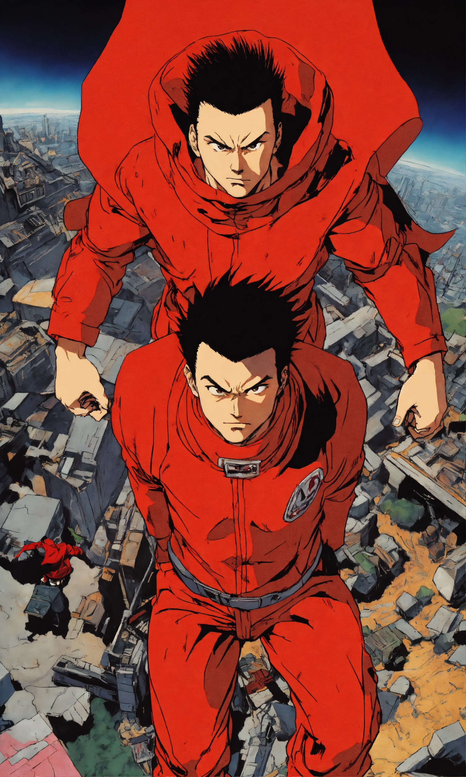 Lexica - Tetsuo, character from the movie Akira, in the foreground with the red cape and a ...