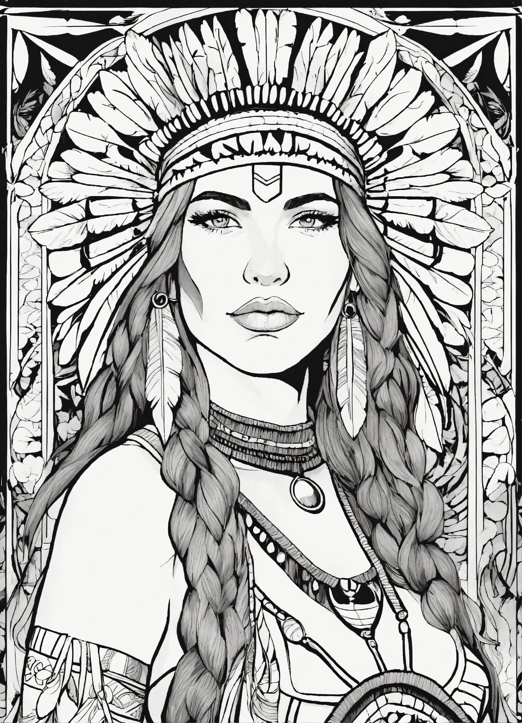 Lexica - Adult Coloring Book Page of a Native American pin-up, Line Art ...