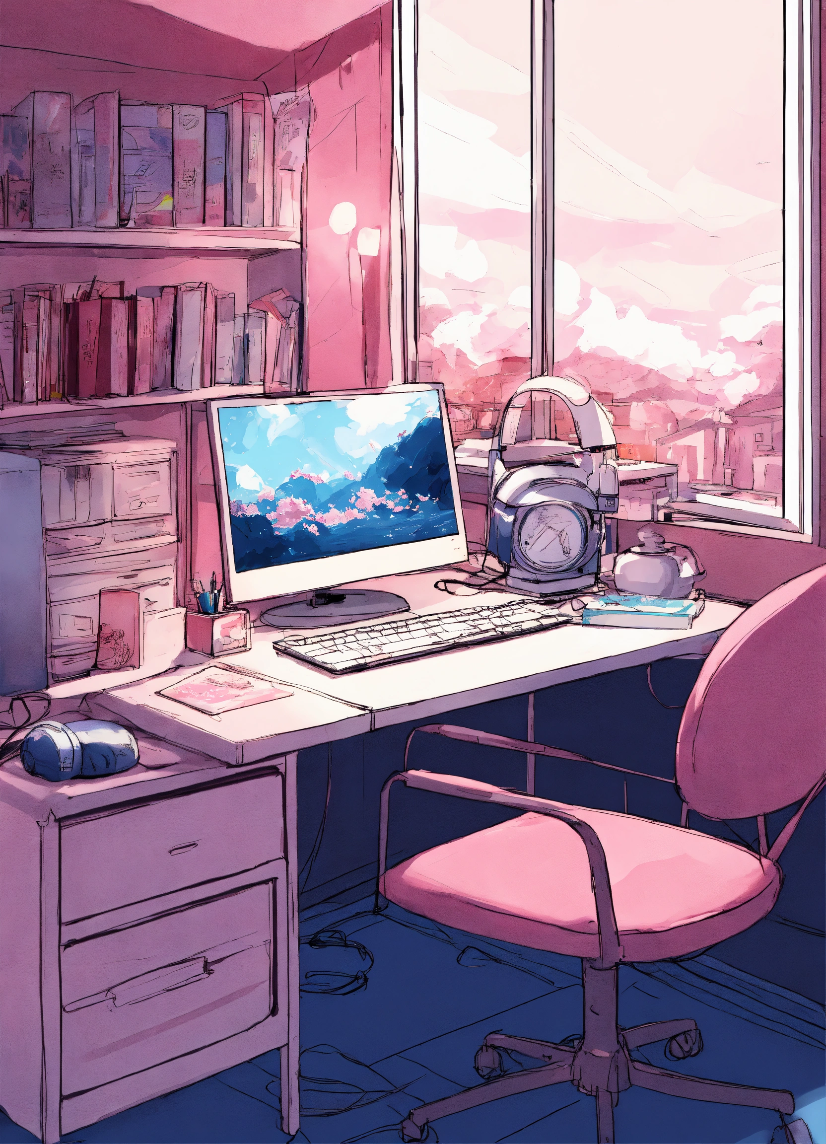 Lexica - Pink, white and blue anime bedroom desk, computer, sketch style
