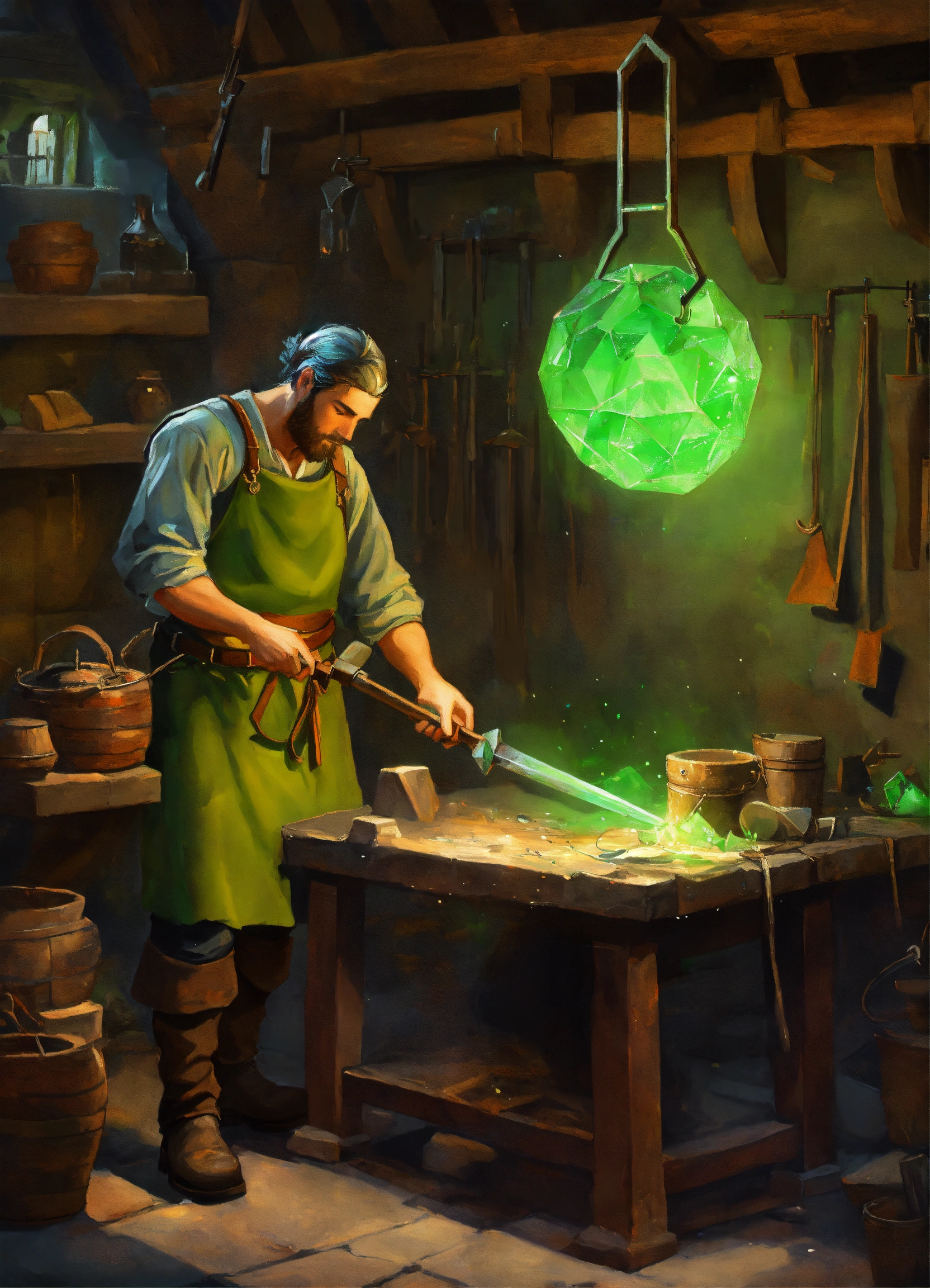 Lexica - Fantasy painting of Medieval Blacksmith, forging a green ...