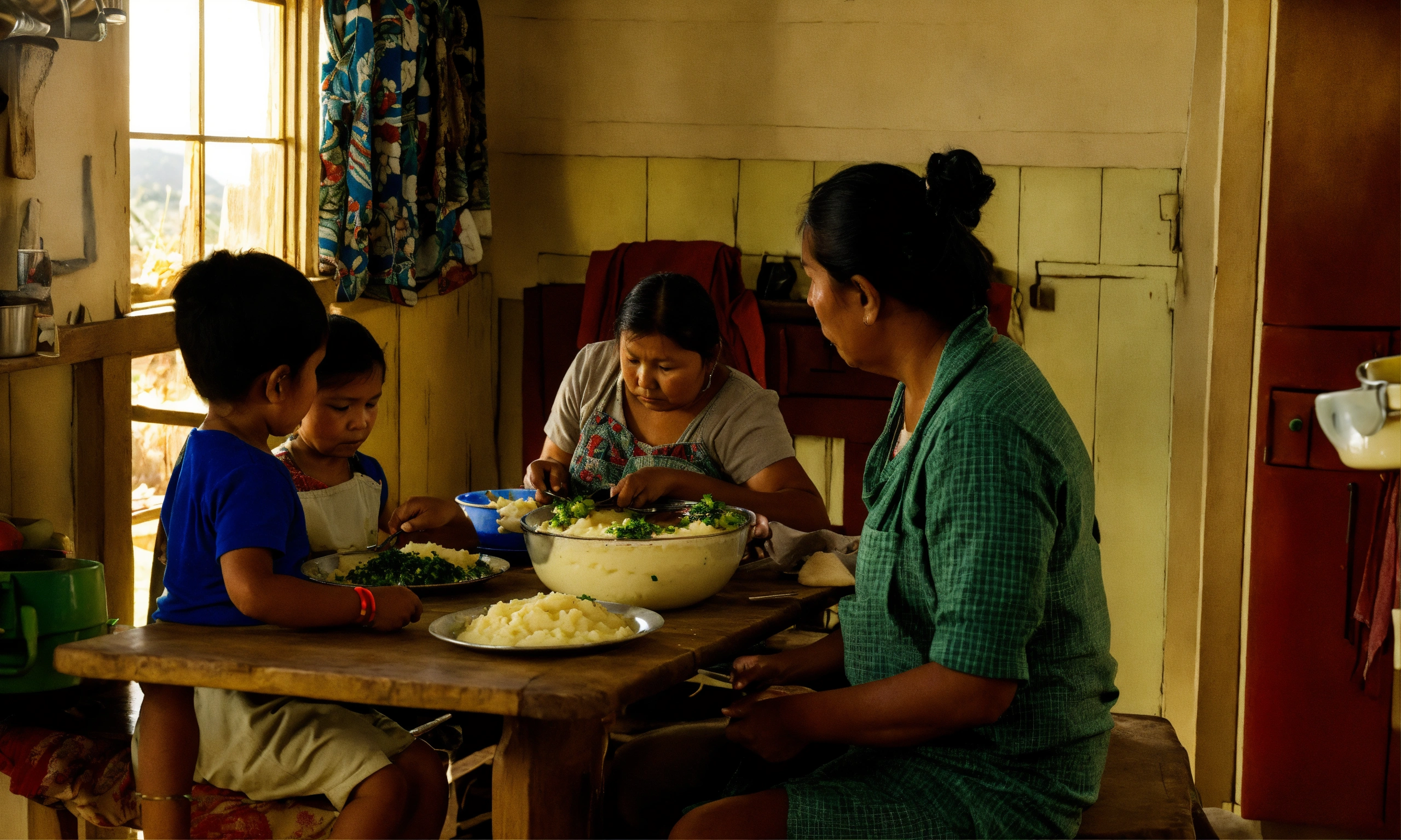 Lexica - In a rural kitchen, a low-income Indigenous family sits at the ...