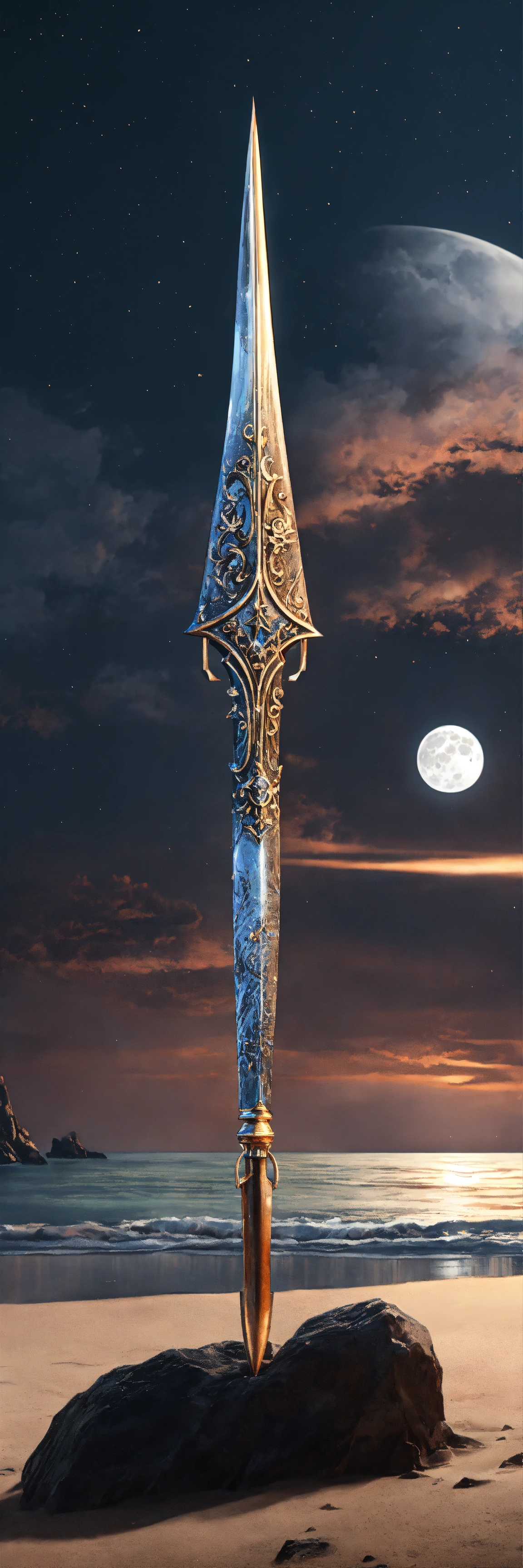 Lexica - 8k, picture of a very long gezackte harpoon with a spearhead ...