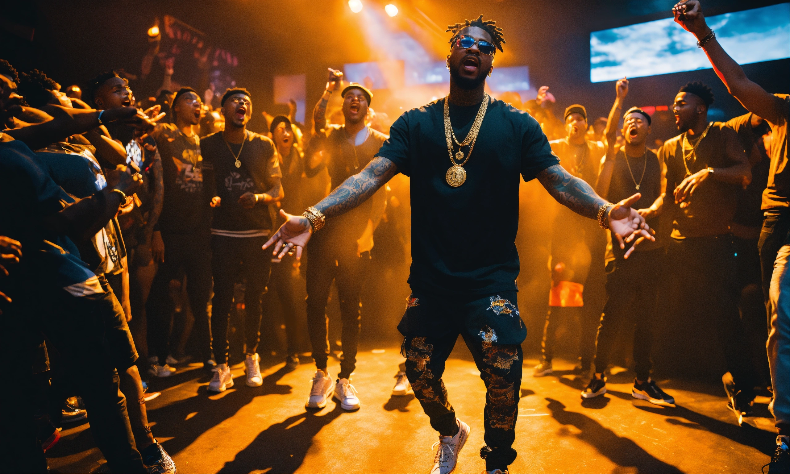 Lexica - Full body shot of rapper "Sheff G" in a Hip-Hop nightclub with ...