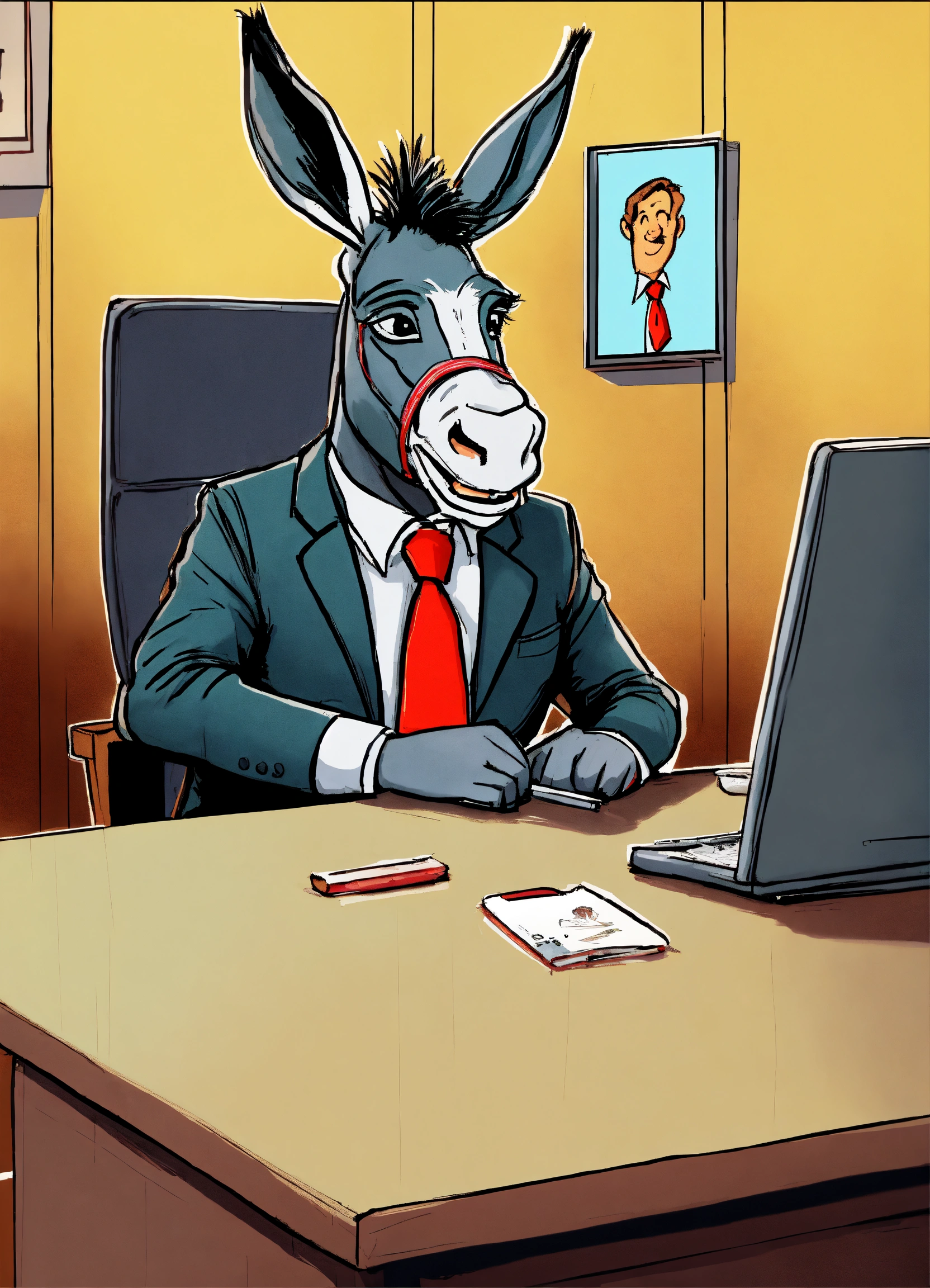 Lexica - Funny, donkey sittin on a bar desk, wearing balck suite and ...