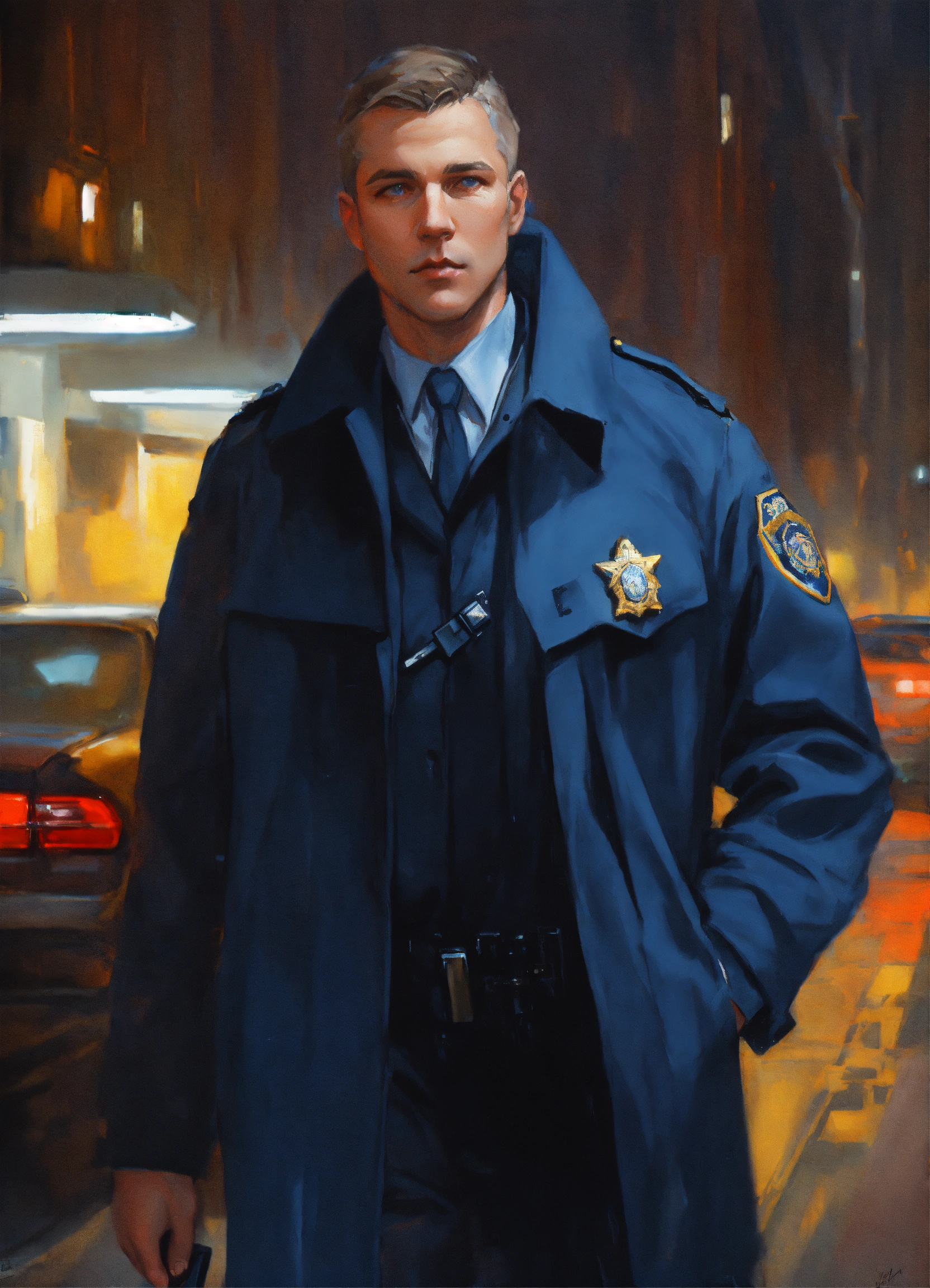 Lexica - White male cop wearing a light navy over coat, greg rutkowski