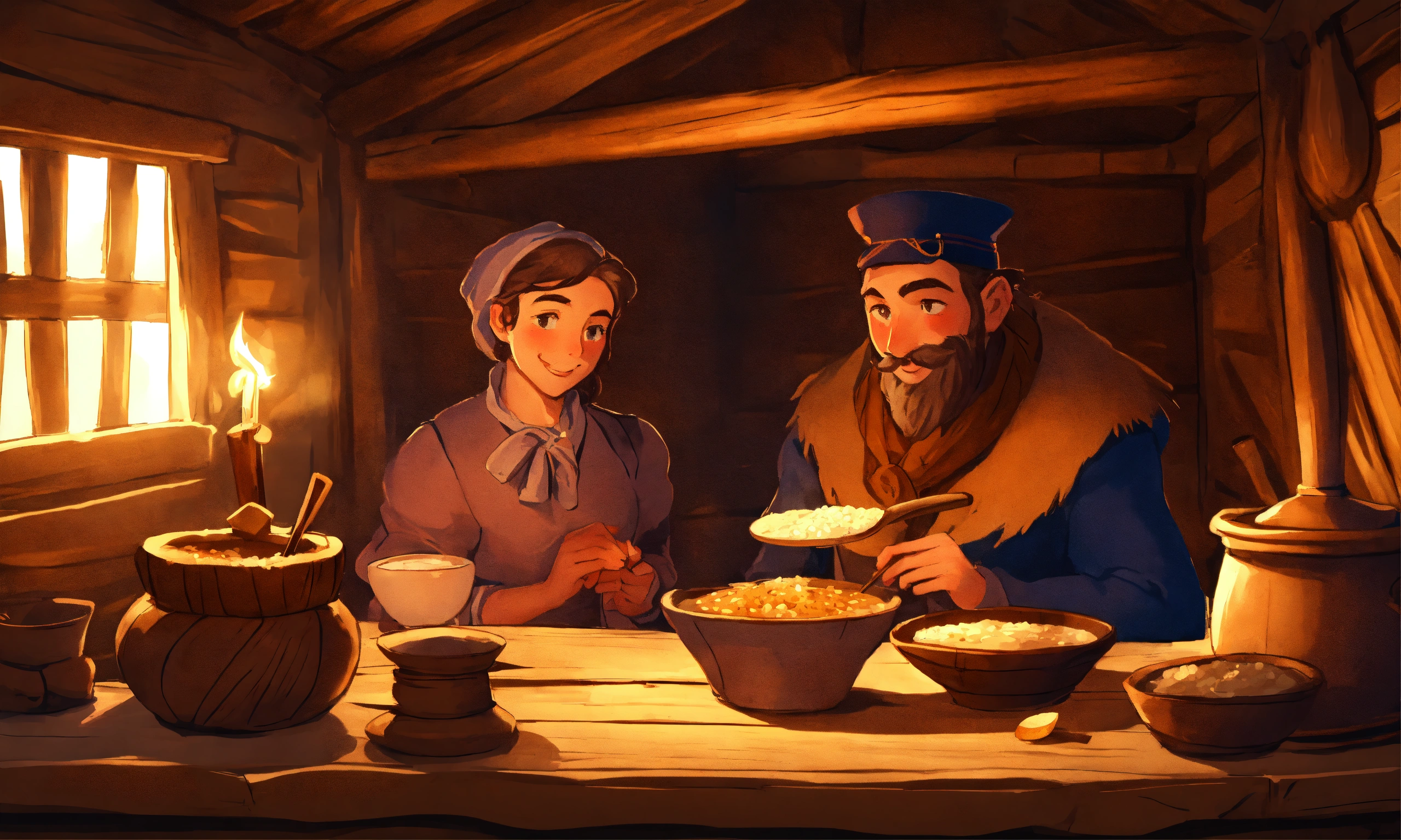 Lexica - Cartoon style a thin 18th century soldier and a woman eat ...