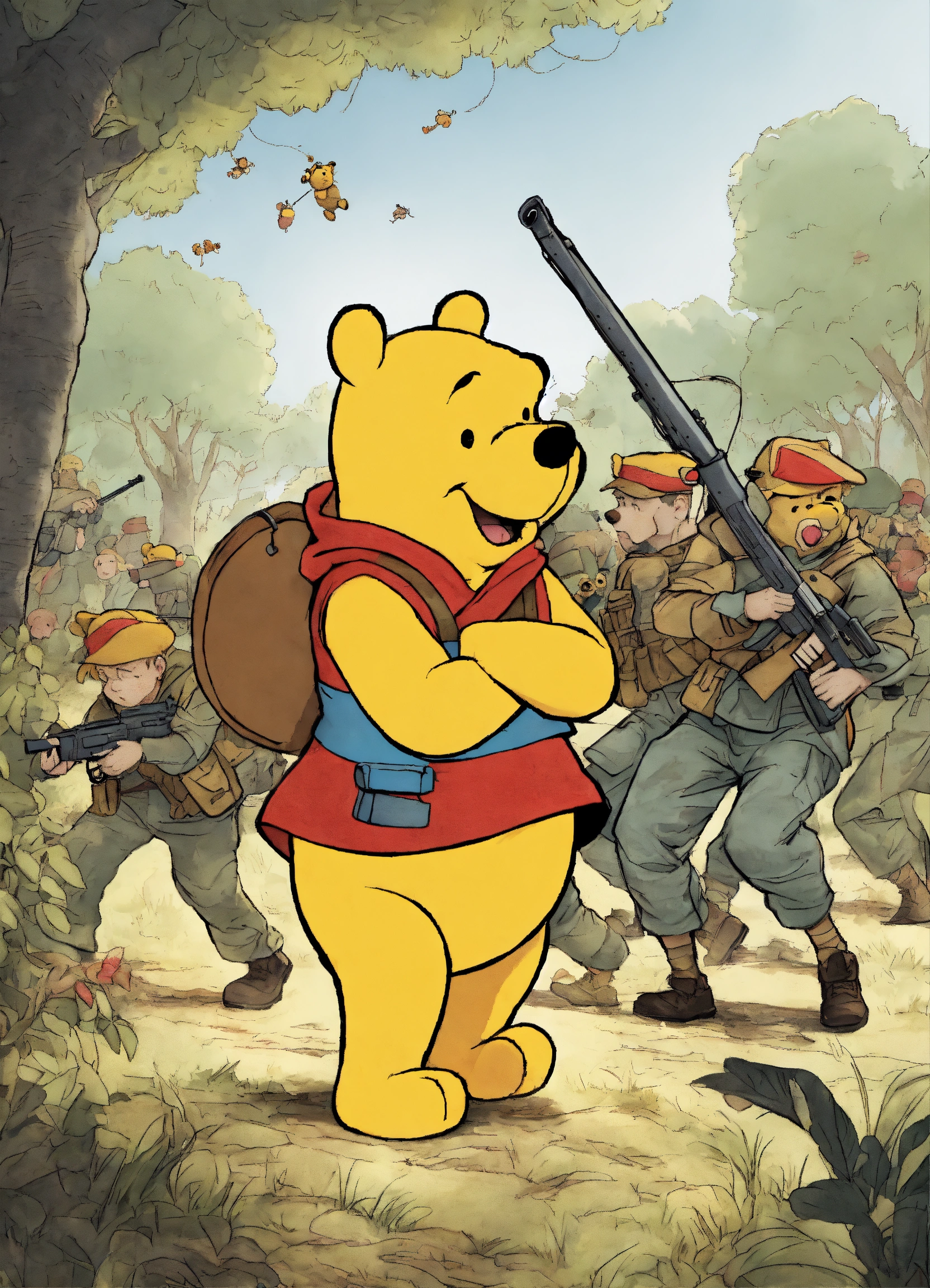 Lexica - Winnie the Pooh as a soldier fighting the zombies.
