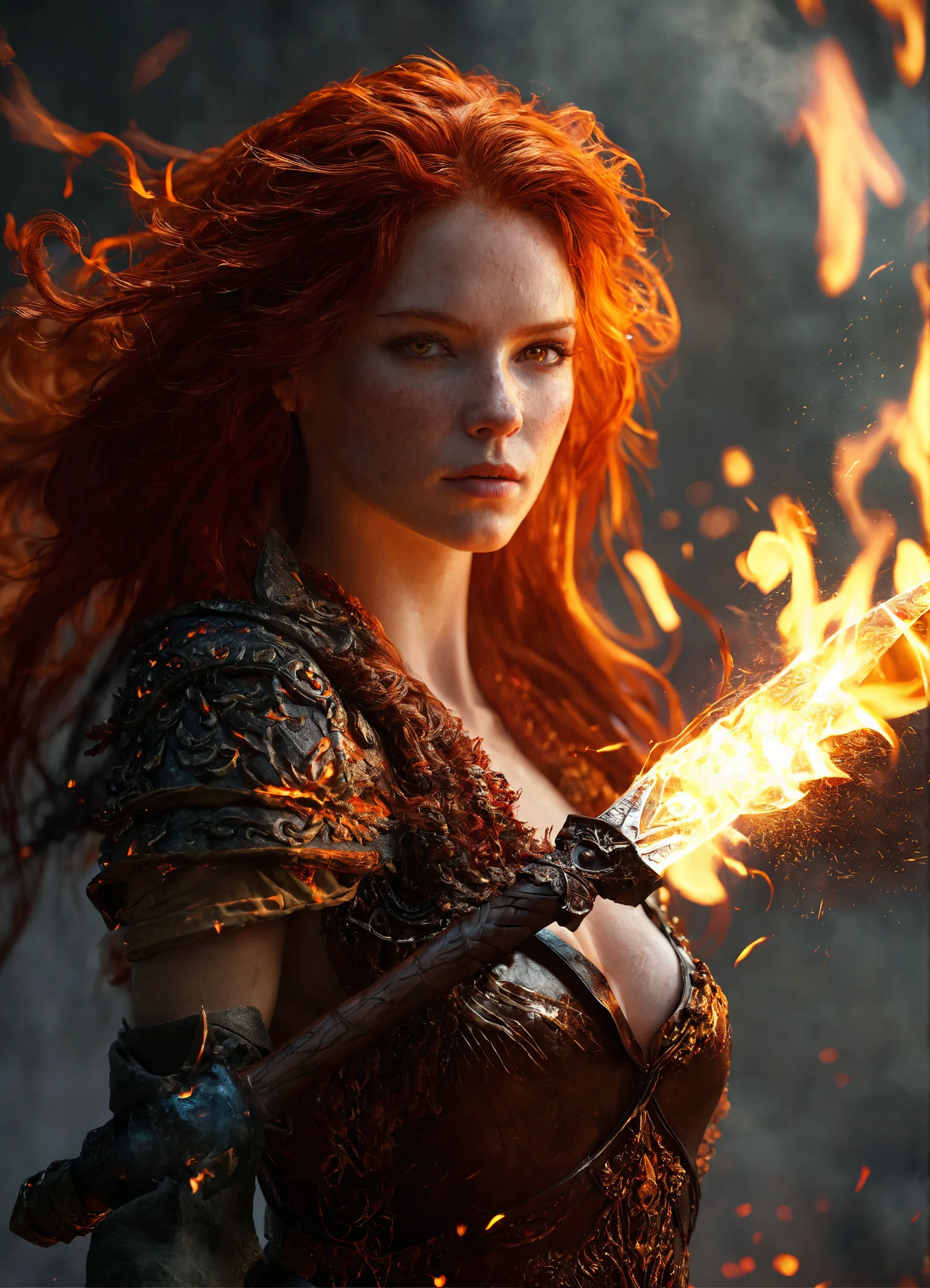 Lexica Legendary Fire Goddess Beautiful Redhead Huge Hair On Fire Smoke Embers Sparks 