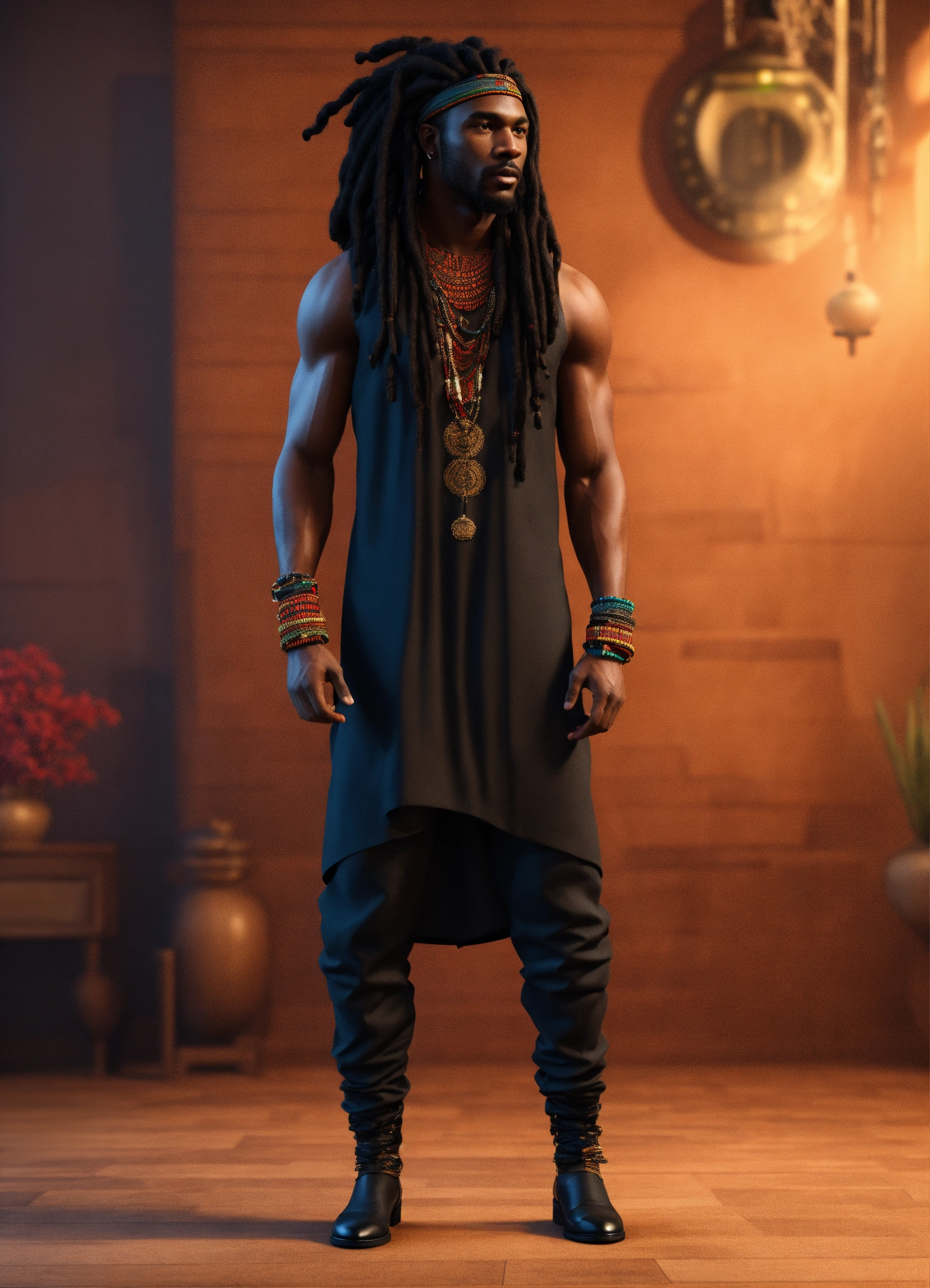 Lexica - 3d render of a Black man with long flowing dreadlocks, 6'5 ...