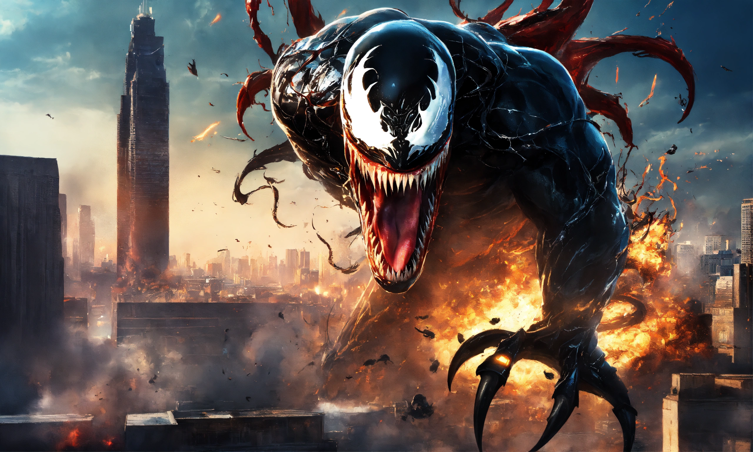 Lexica - Venom, 4k, city background with explosions, blue sky