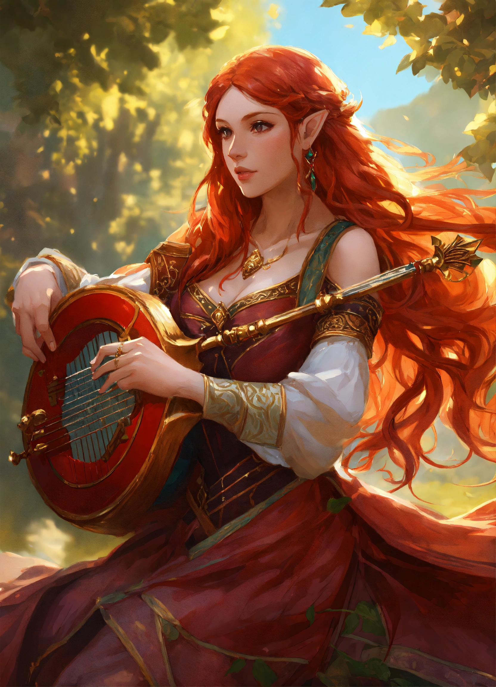 Lexica - Beautiful bard female elf, long red hair, royal, holding a ...