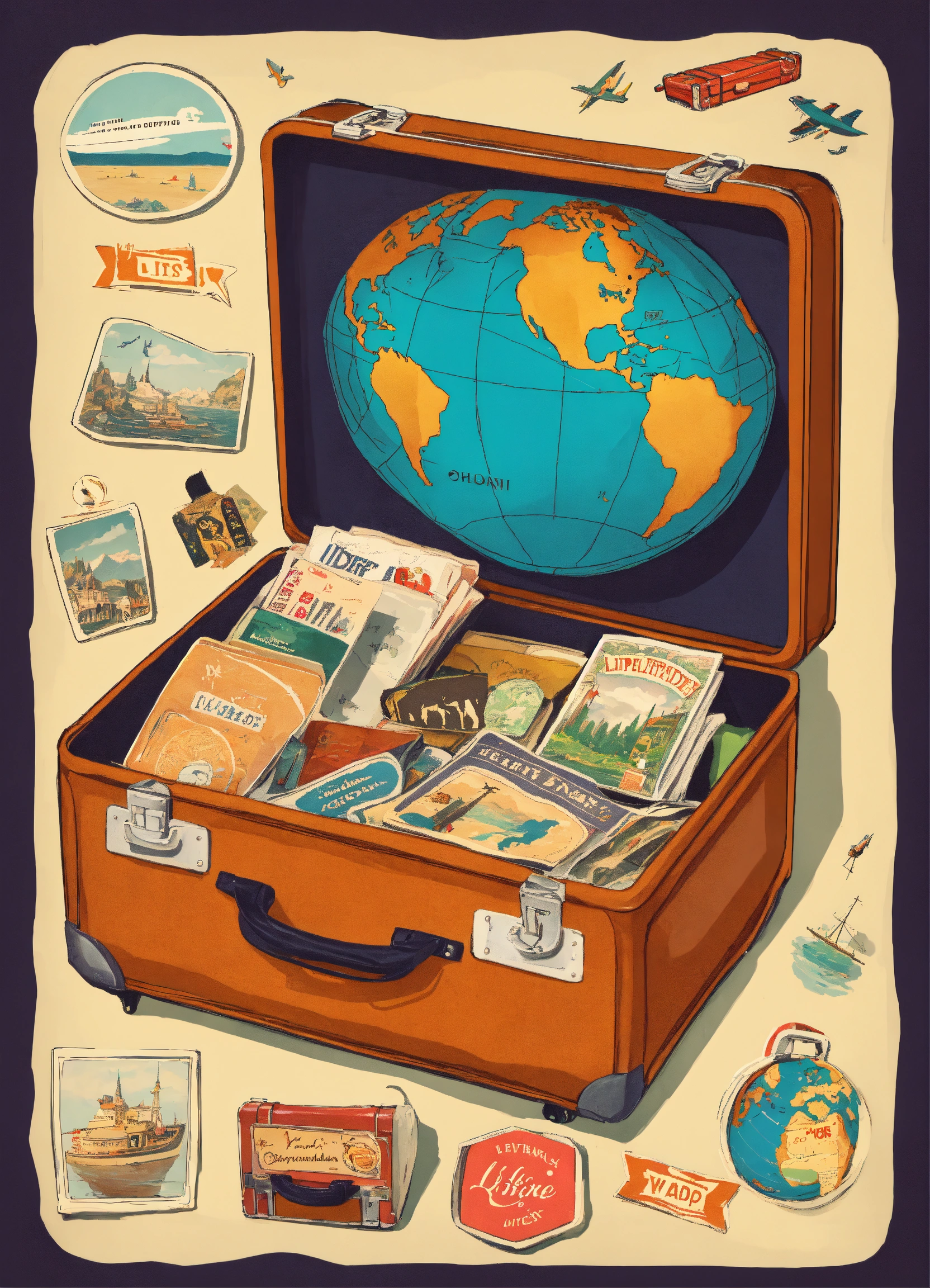 Lexica - A vintage-inspired travel suitcase with stickers from various ...