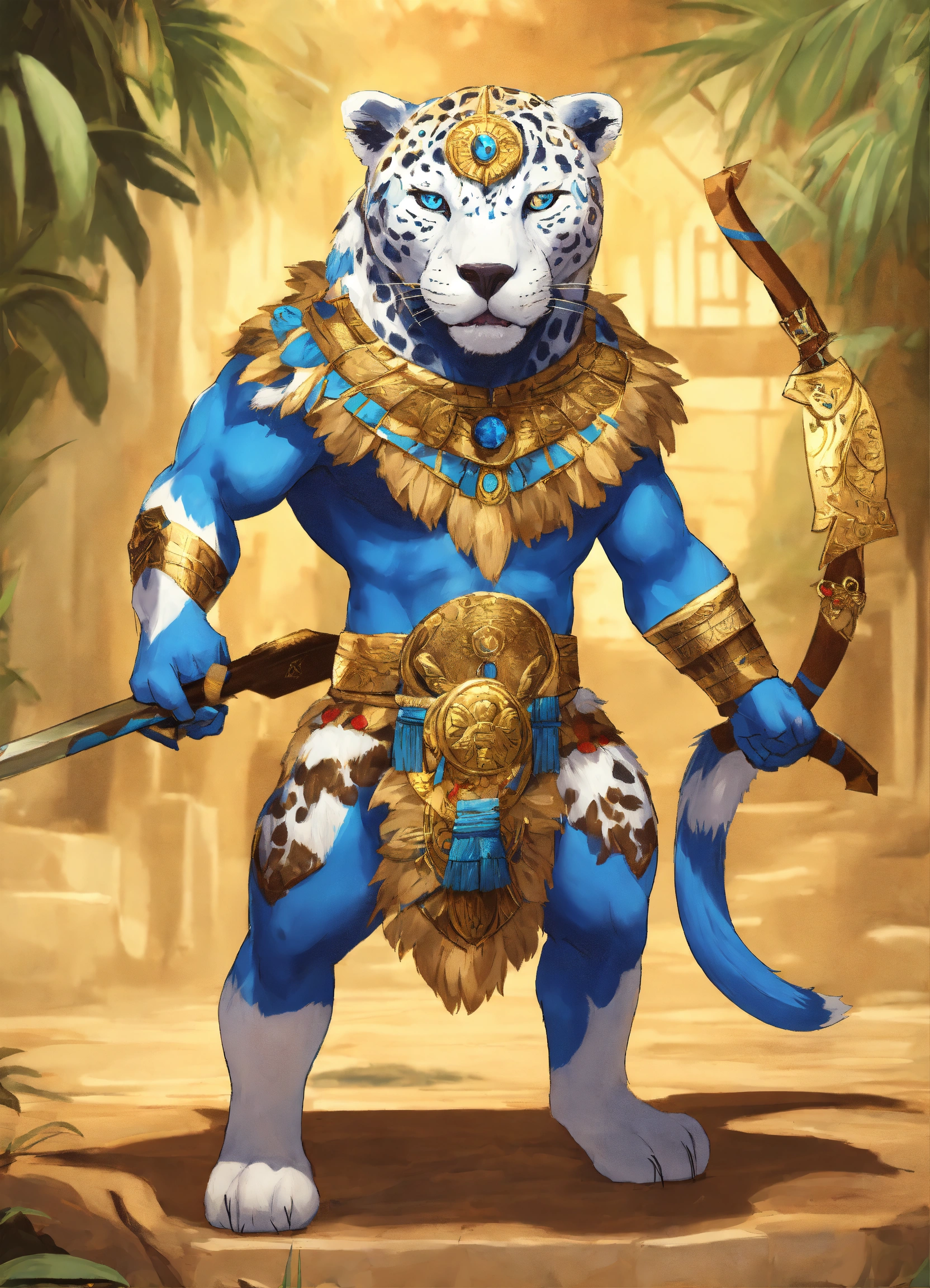 Lexica - Jaguar anthromorph, white fur gold rosette spots, blue eyes ...