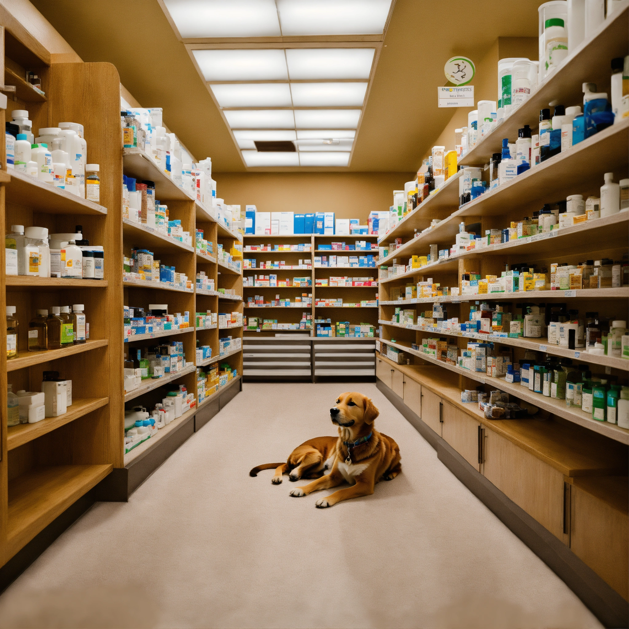 Lexica - A photo of a pet pharmacy. The pharmacy is filled with shelves ...