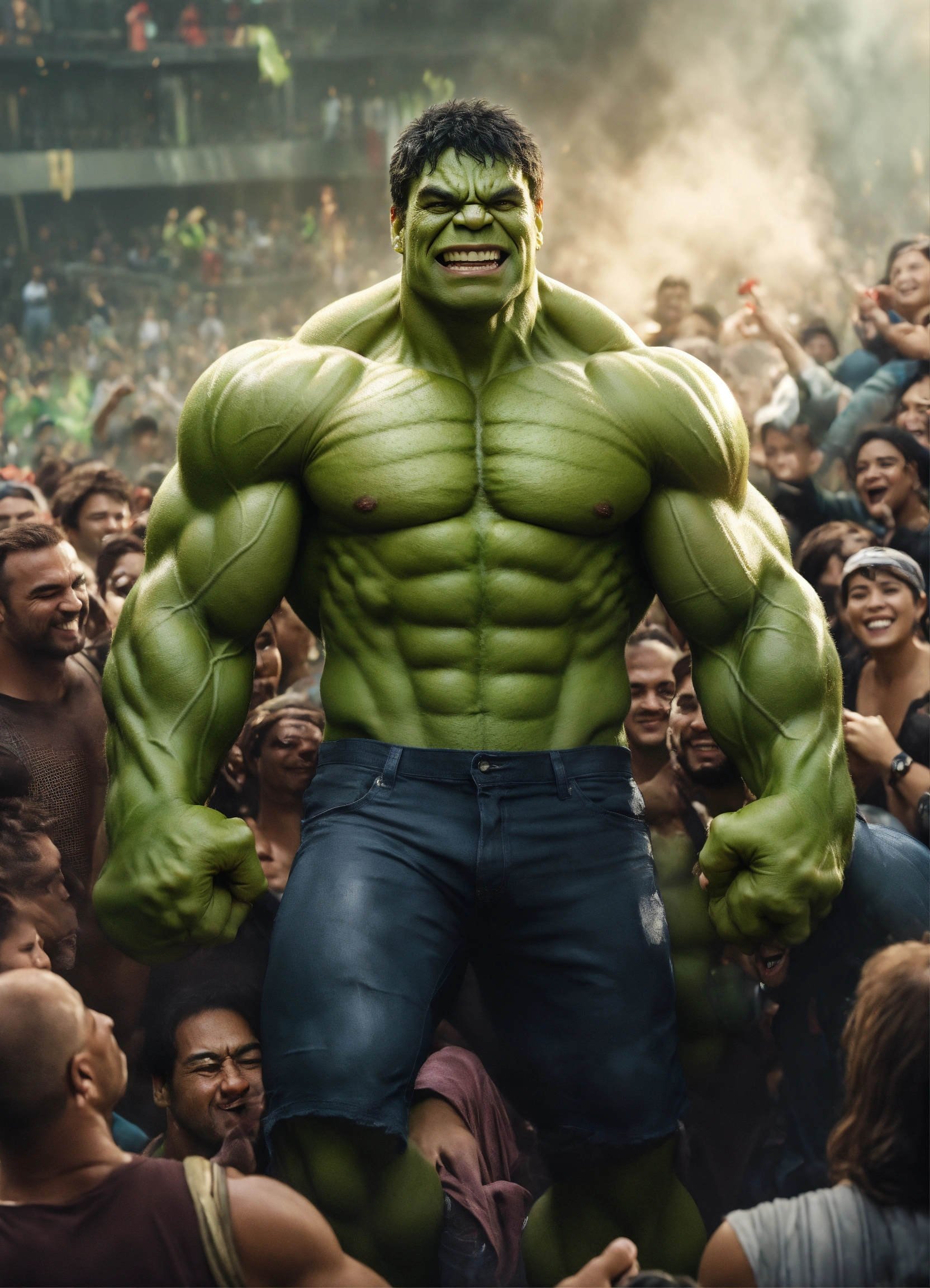 Lexica - Hulk is surrounded by many people and praises him, a smile on ...