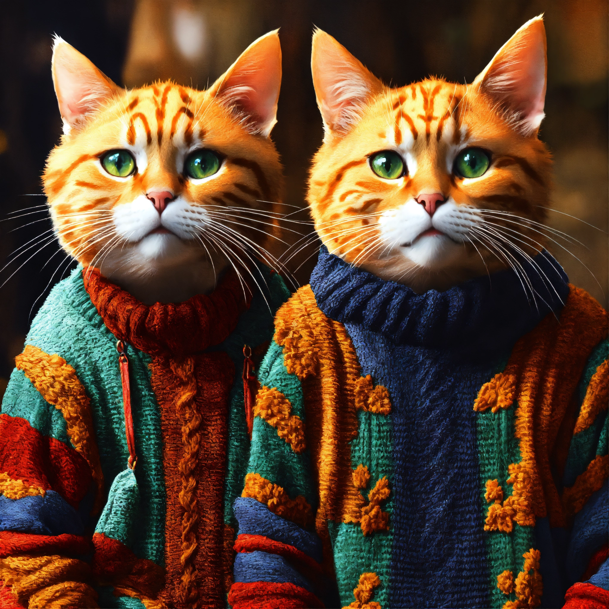 Lexica - Cats wearing sweater with human faces on it, 8k, hyper realism