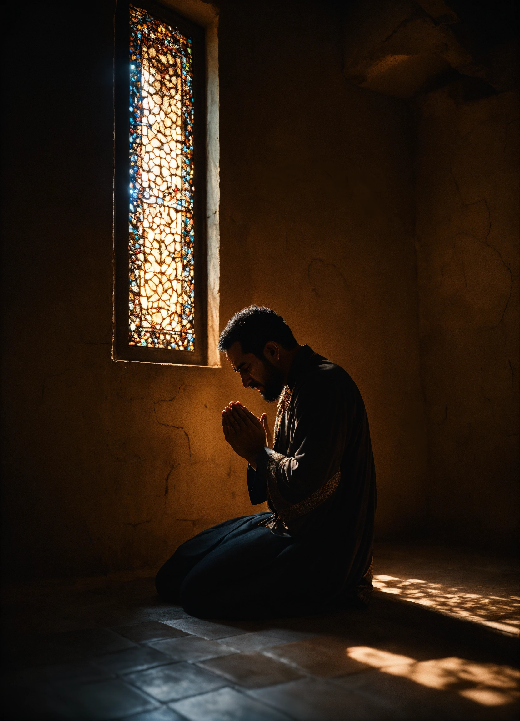 Lexica - Middle eastern man praying and crying in darkness, a ray of ...